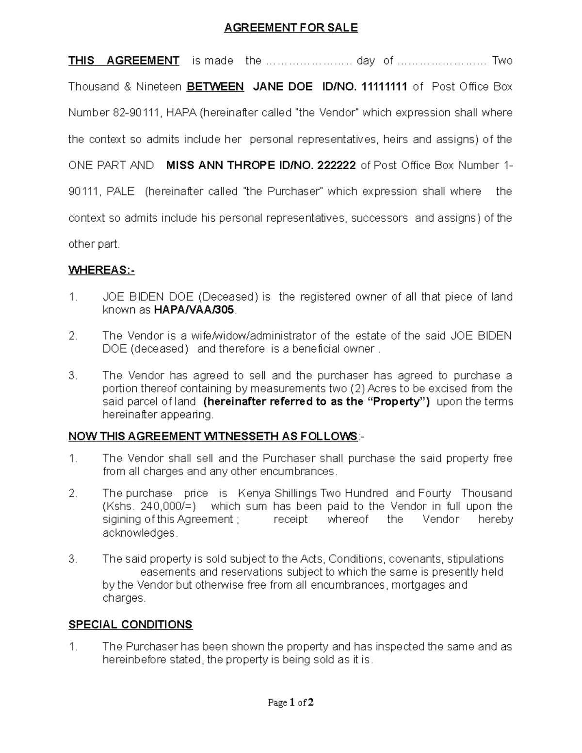 SALE Agreement Sample - AGREEMENT FOR SALE THIS AGREEMENT is made the