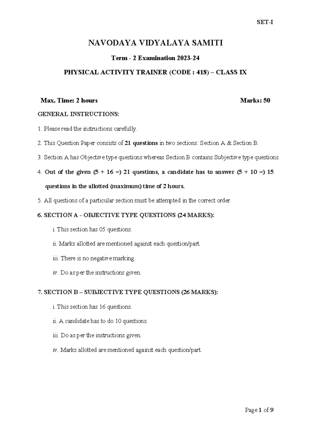 IX PAT Question Paper Set 1 - Physical Activity Trainer (Code: 418 ...
