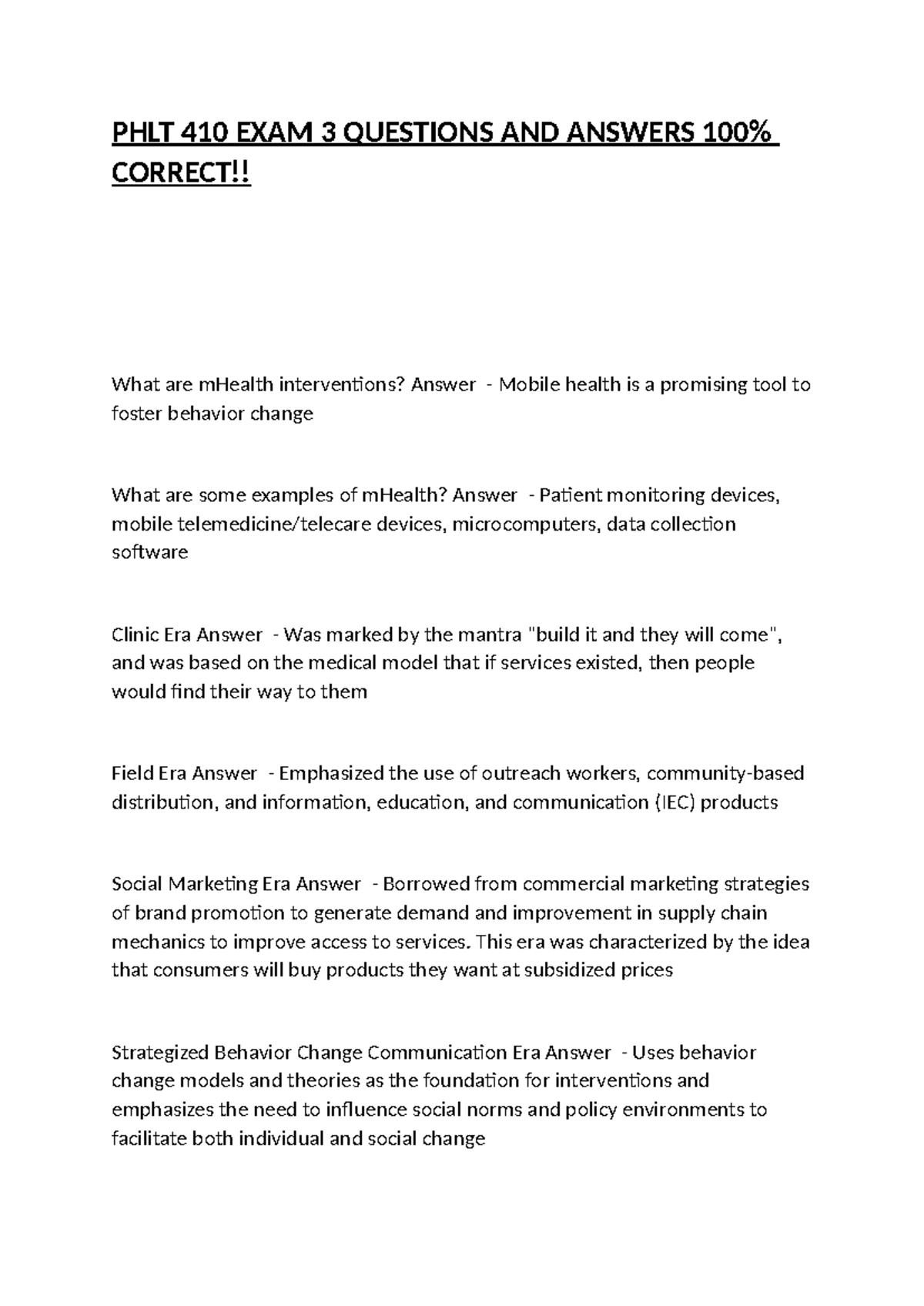 PHLT 410 EXAM 3: Comprehensive Questions & Answers Guide - Studocu