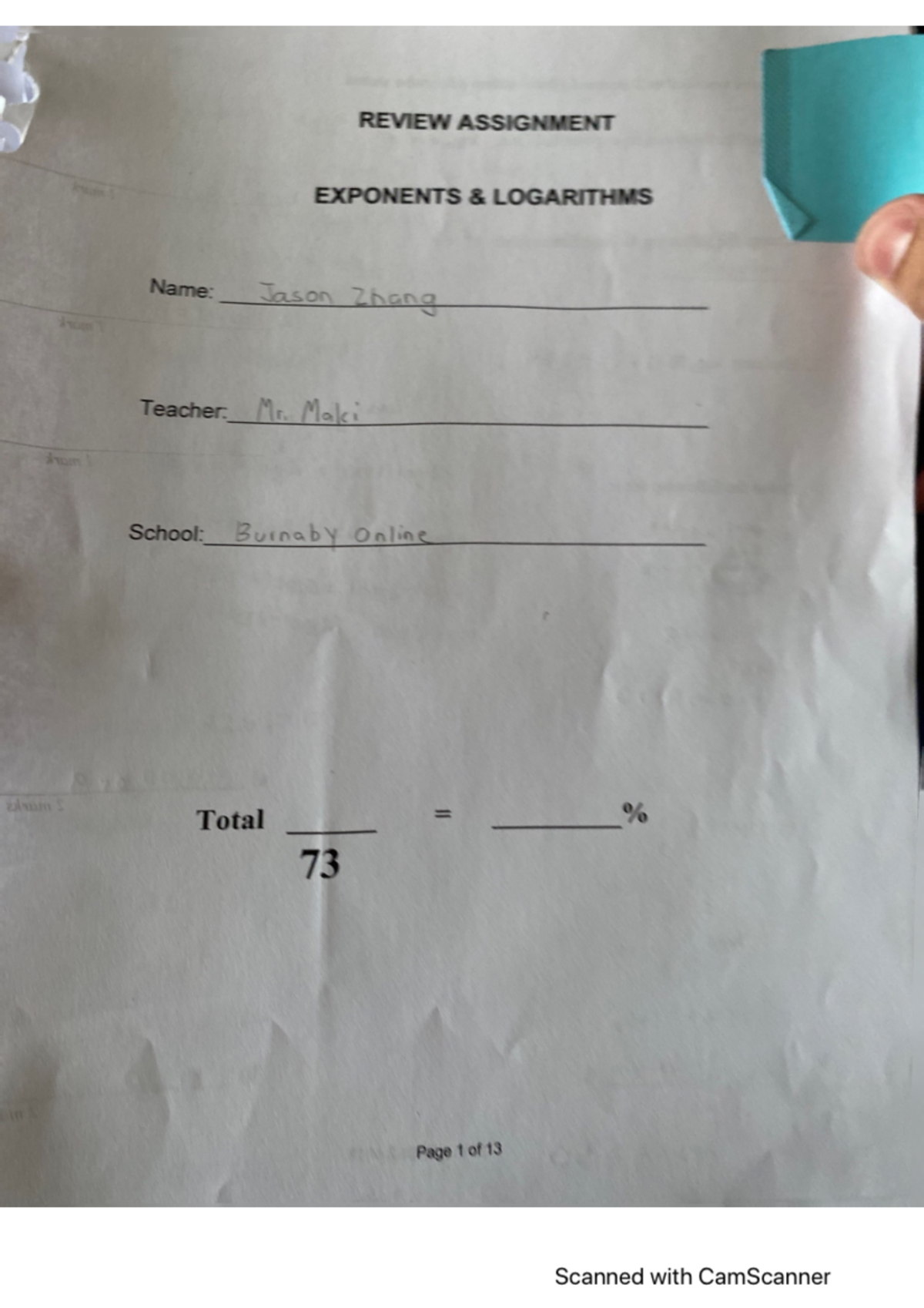 Pre Calculus 12 Unit 4 Exponents and Logarithms Practice Assignment ...