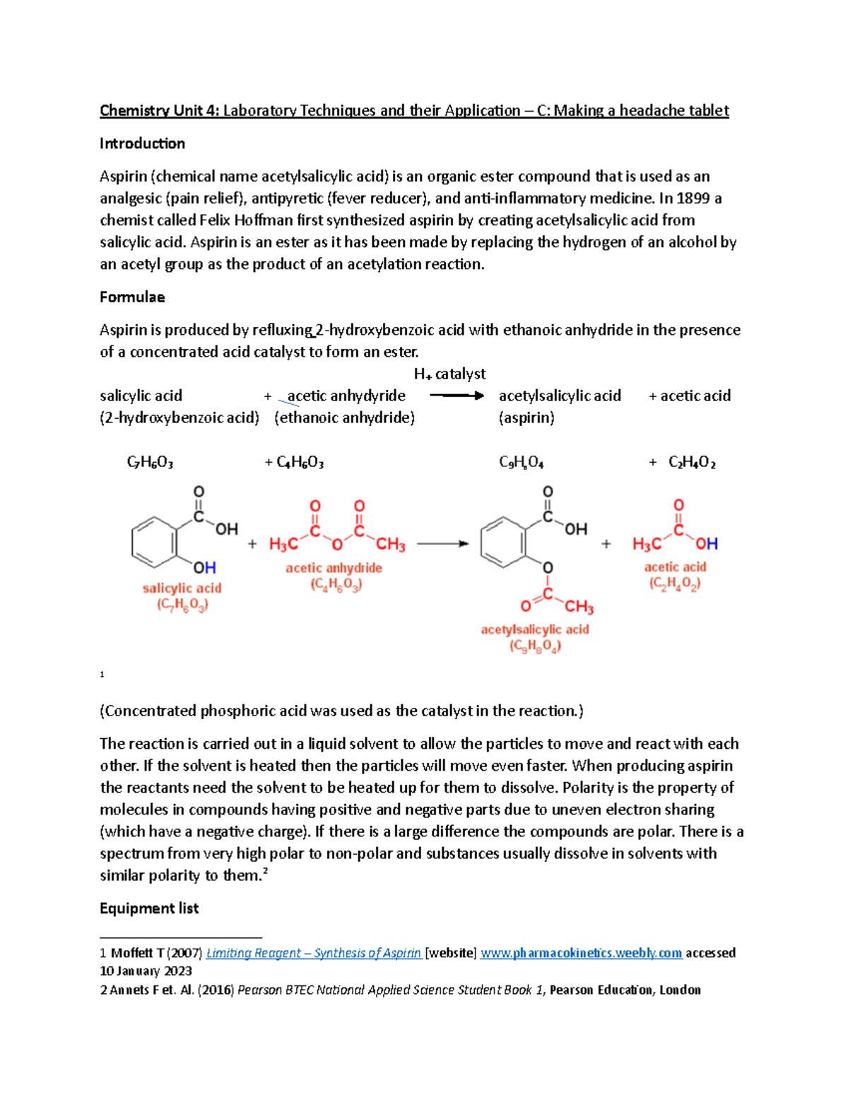 BTEC Applied Science Unit 4C: Aspirin Synthesis and Analysis Report ...
