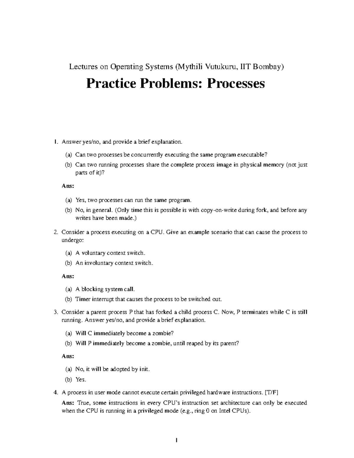 Ps-proc - Practice Problems: Processes - Lectures on Operating Systems (Mythili Vutukuru, IIT ...