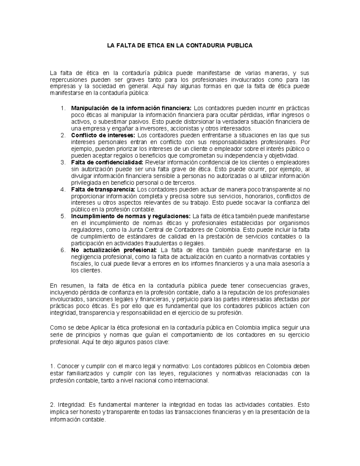 LA FALTA DE ÉTICA EN LA CONTADURÍA PÚBLICA: IMPACTOS Y SOLUCIONES - Studocu