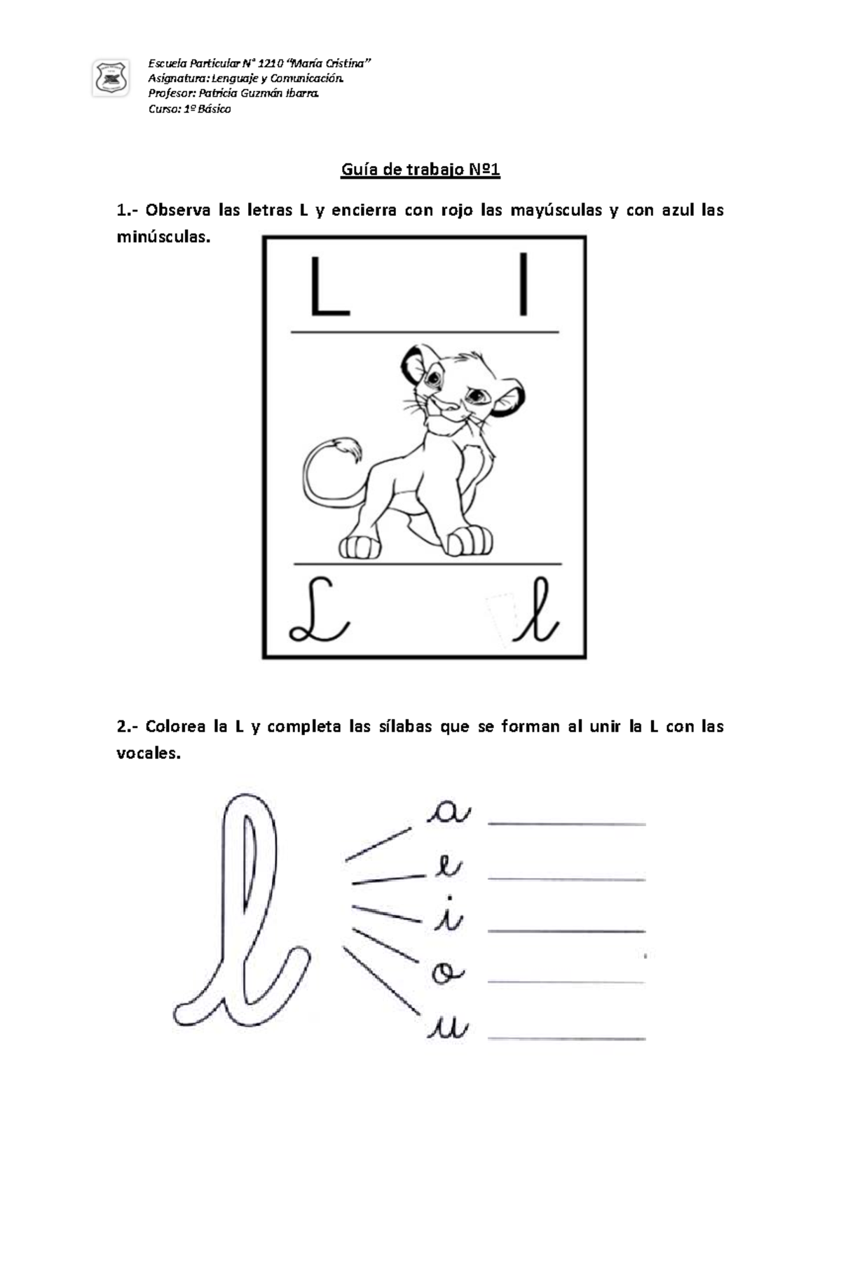Guía de Trabajo 1º Básico: Consonante L y Actividades Diversas - Studocu