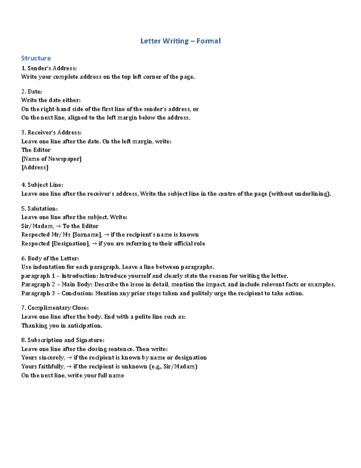 Formal Letter Writing Structure Guide - Studocu