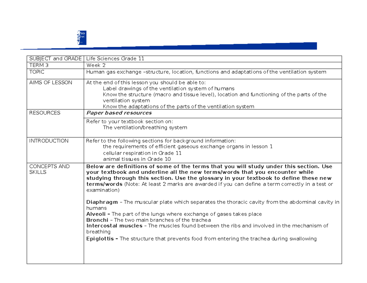 Grade 11 Life Sciences Term 3 Notes on Human Gas Exchange - Studocu