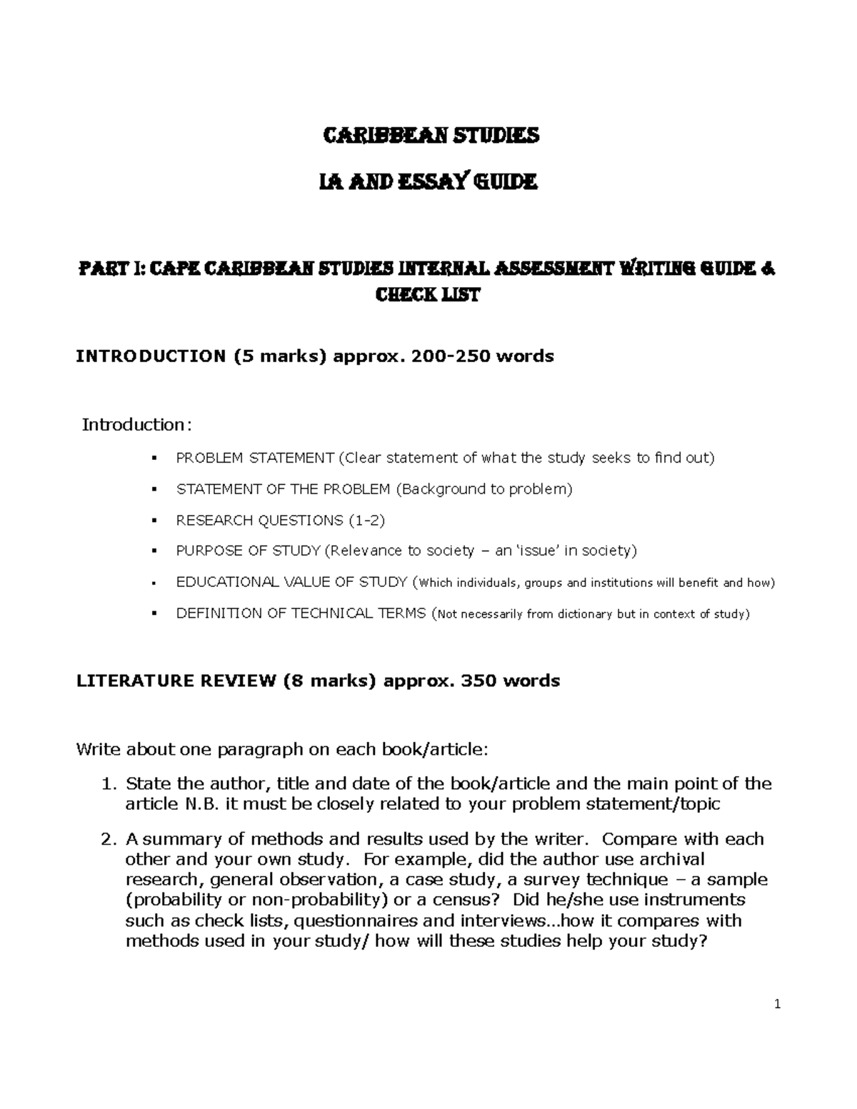 CAPE CARIBBEAN STUDIES IA Writing Guidelines & Essay Tips - Studocu