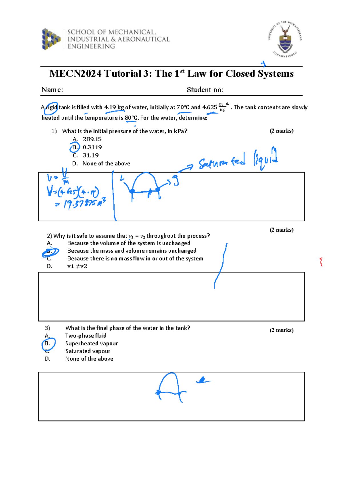 MECN2024 Tutorial 3 - Tut 3 memo - MECN2024 Tutorial 3: The 1 st Law for Closed Systems Name ...