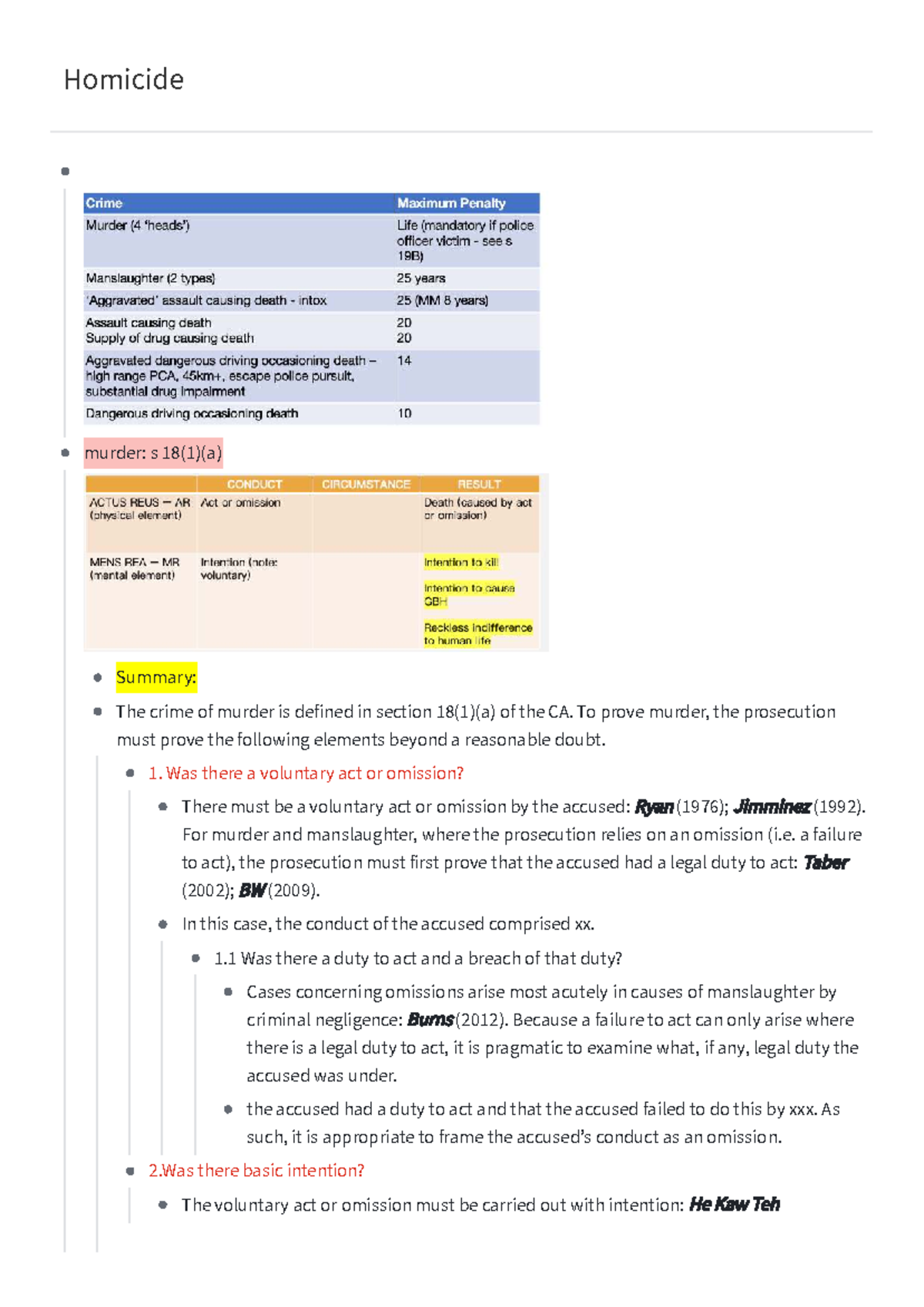 Homicide Law: Final Notes on Murder & Manslaughter (CA s 18) - Studocu