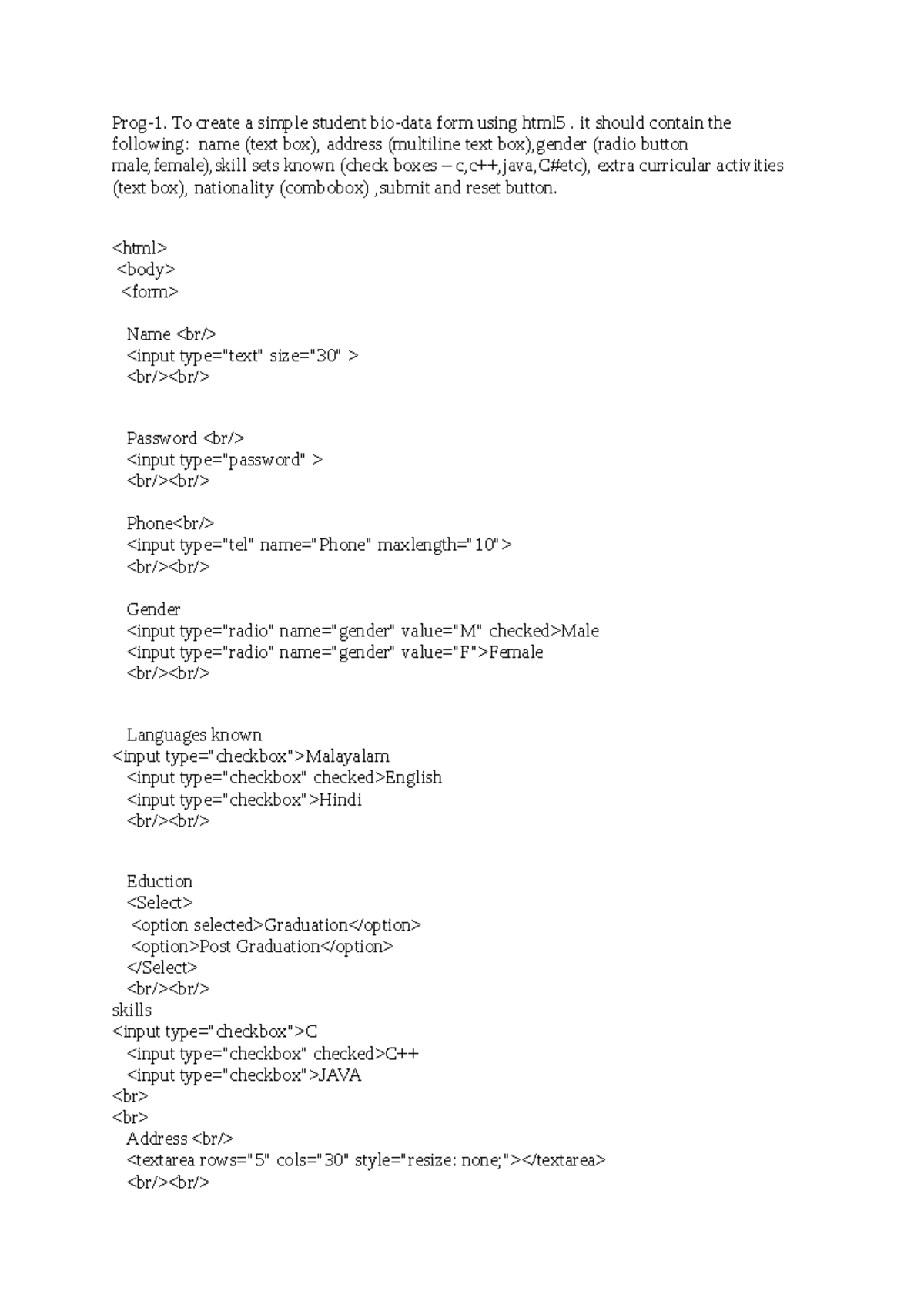 PHP PGRM - 4th sem php lab programs - Prog-1. To create a simple student bio-data form using ...