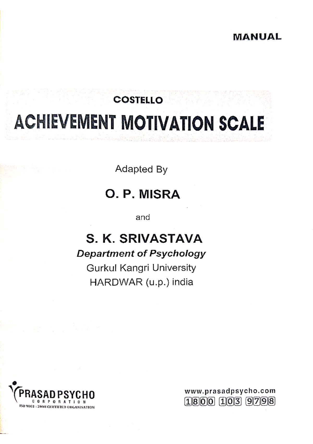 Costello Achievement Motivation Scale: Manual & Response Sheet Updated ...