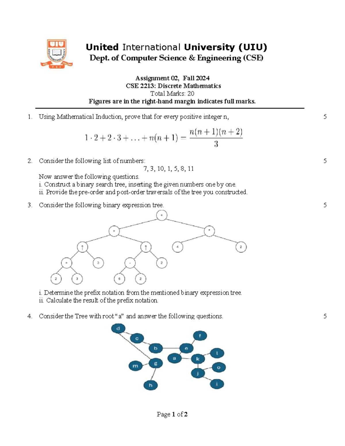 Assignment 02 DM - Page 1 of 2 Assignment 02, Fall 2024 CSE 2213 ...