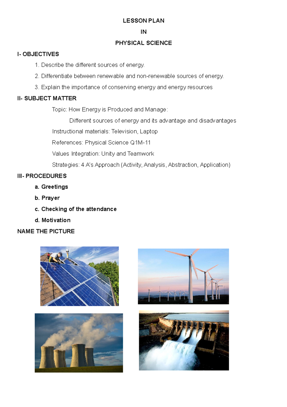 Lesson Plan on Energy Sources in Physical Science (PHS 101) - Studocu