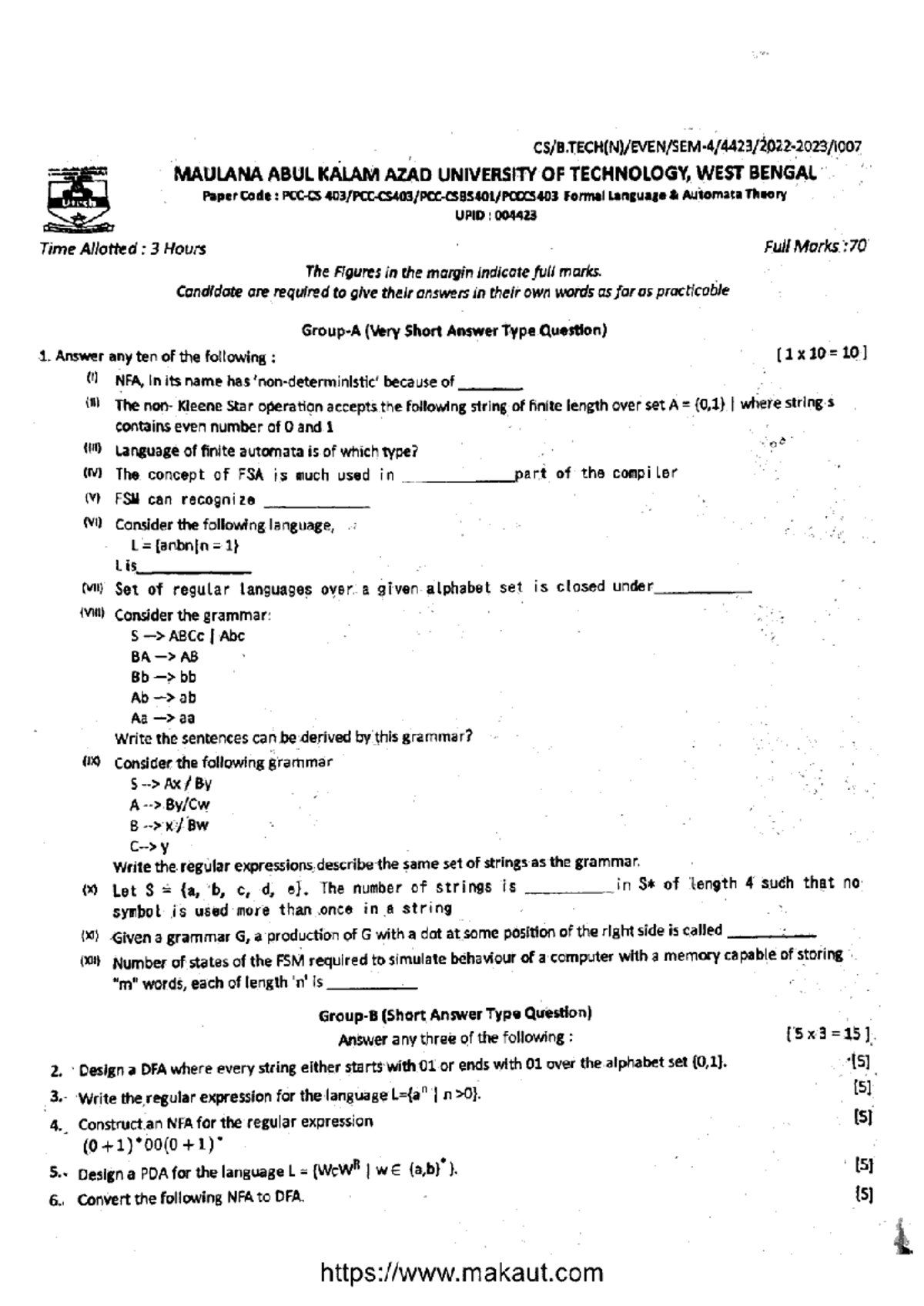 BTech CSE 4th Sem Formal Language & Automata Theory PCC CS 403 Exam ...