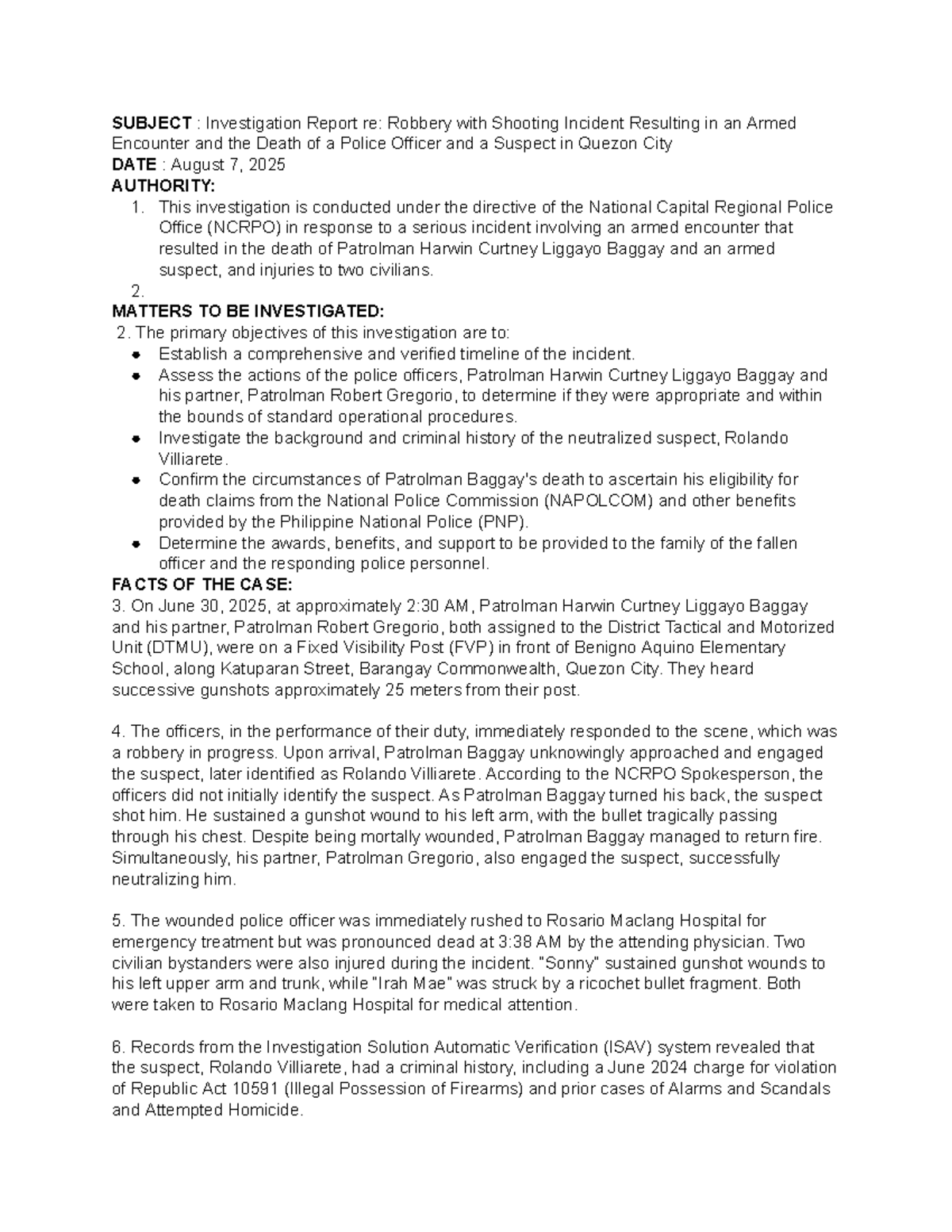 Investigation Report: Armed Encounter Resulting in Officer Baggay's ...
