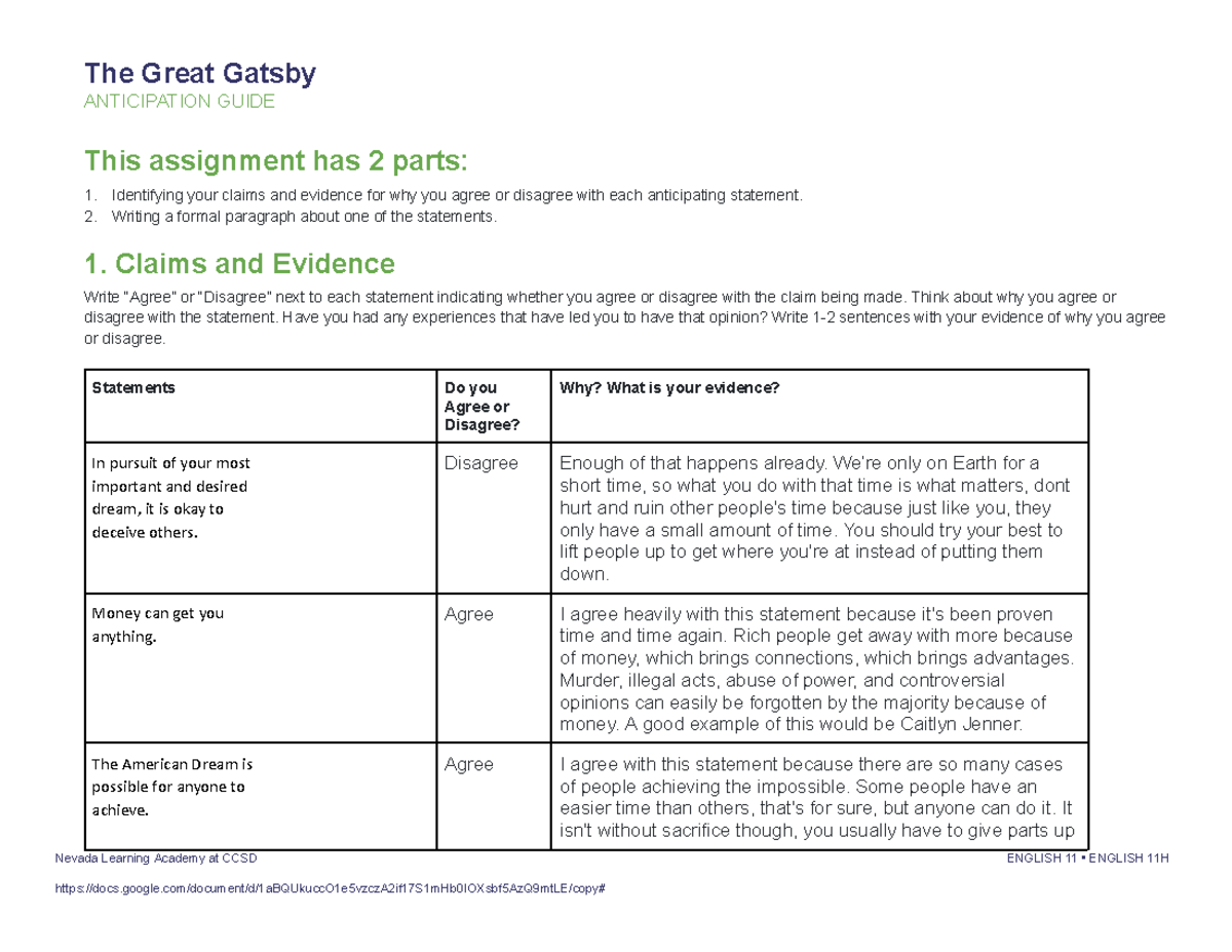 Copy of Anticipation Guide The Great Gatsby - The Great Gatsby ...
