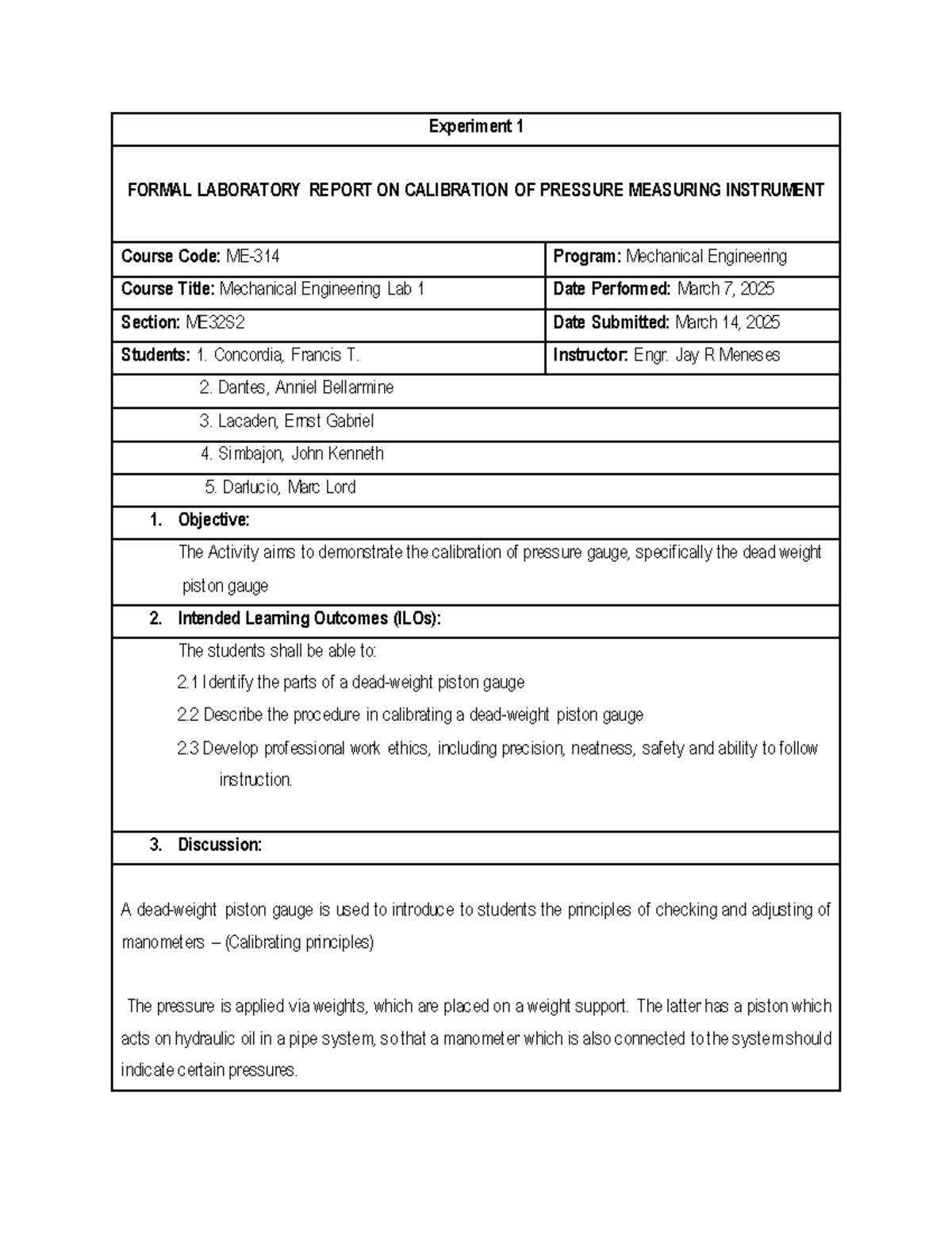 ME32S2 Final Lab Report: Calibration of Pressure Measuring Instruments ...
