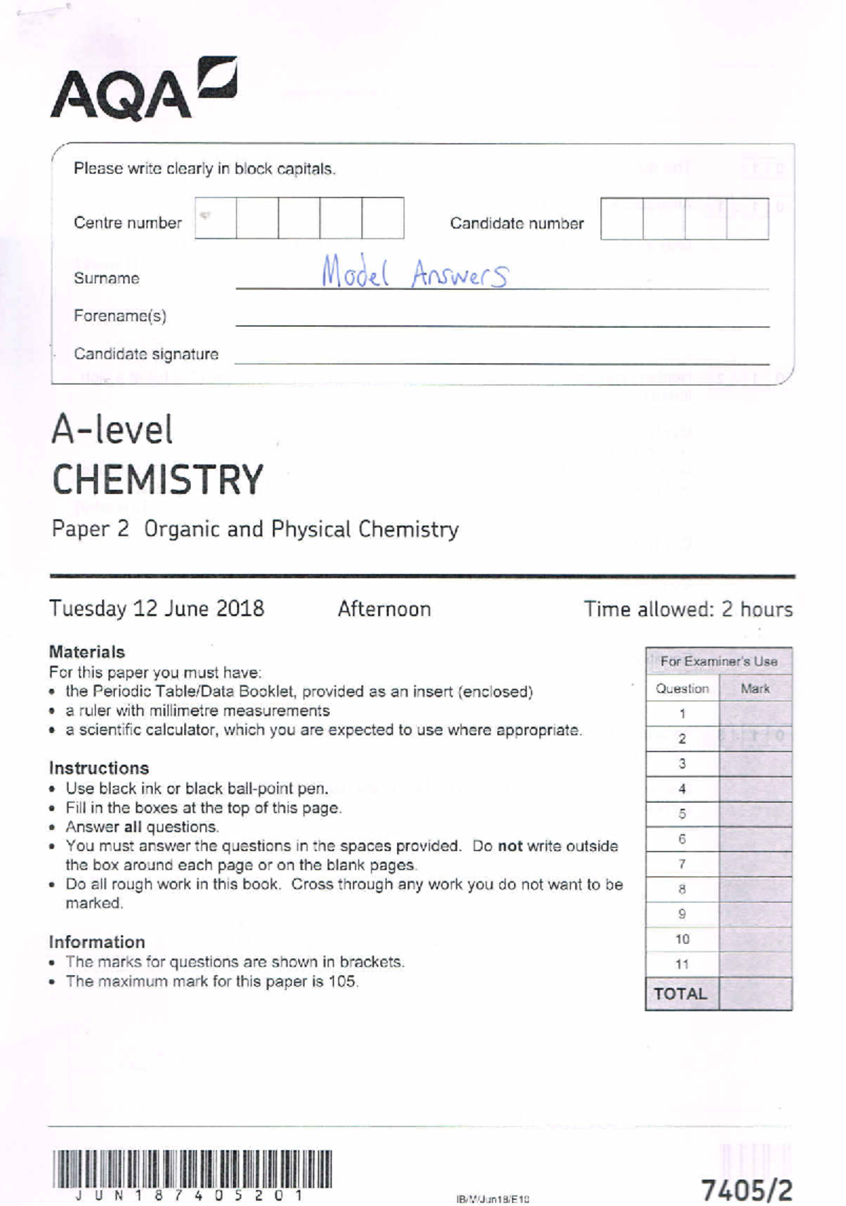 Model Answers for A-Level Chemistry Paper 2 (2018) - Studocu