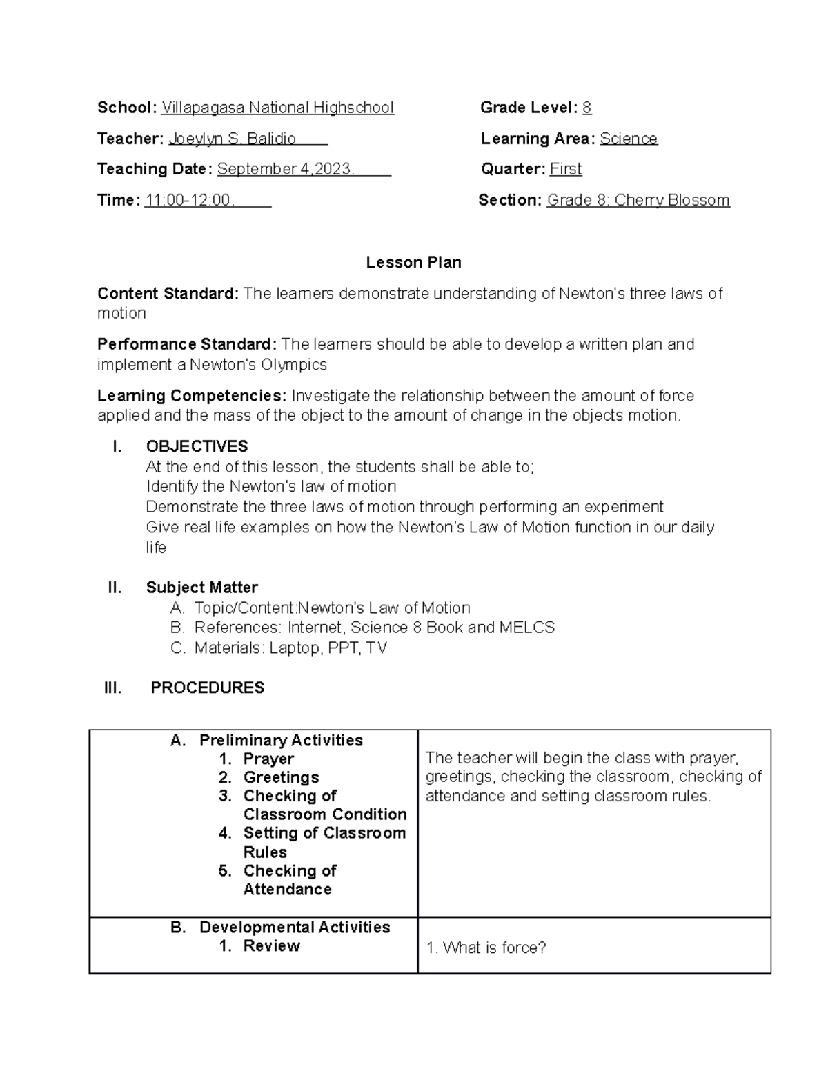 LP 3 - Newton's Laws of Motion Lesson Plan for 8th Grade Science - Studocu