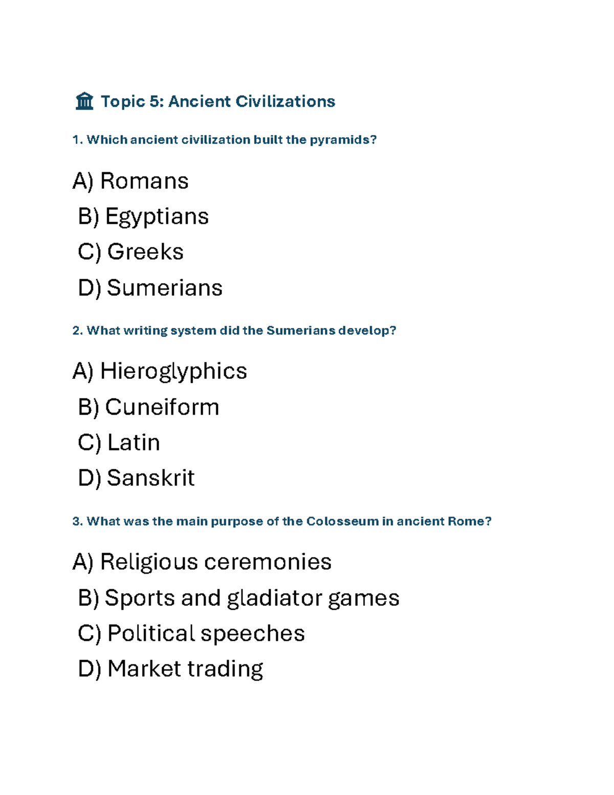 Topic 5: Ancient Civilizations Quiz - Key Questions & Answers - Studocu