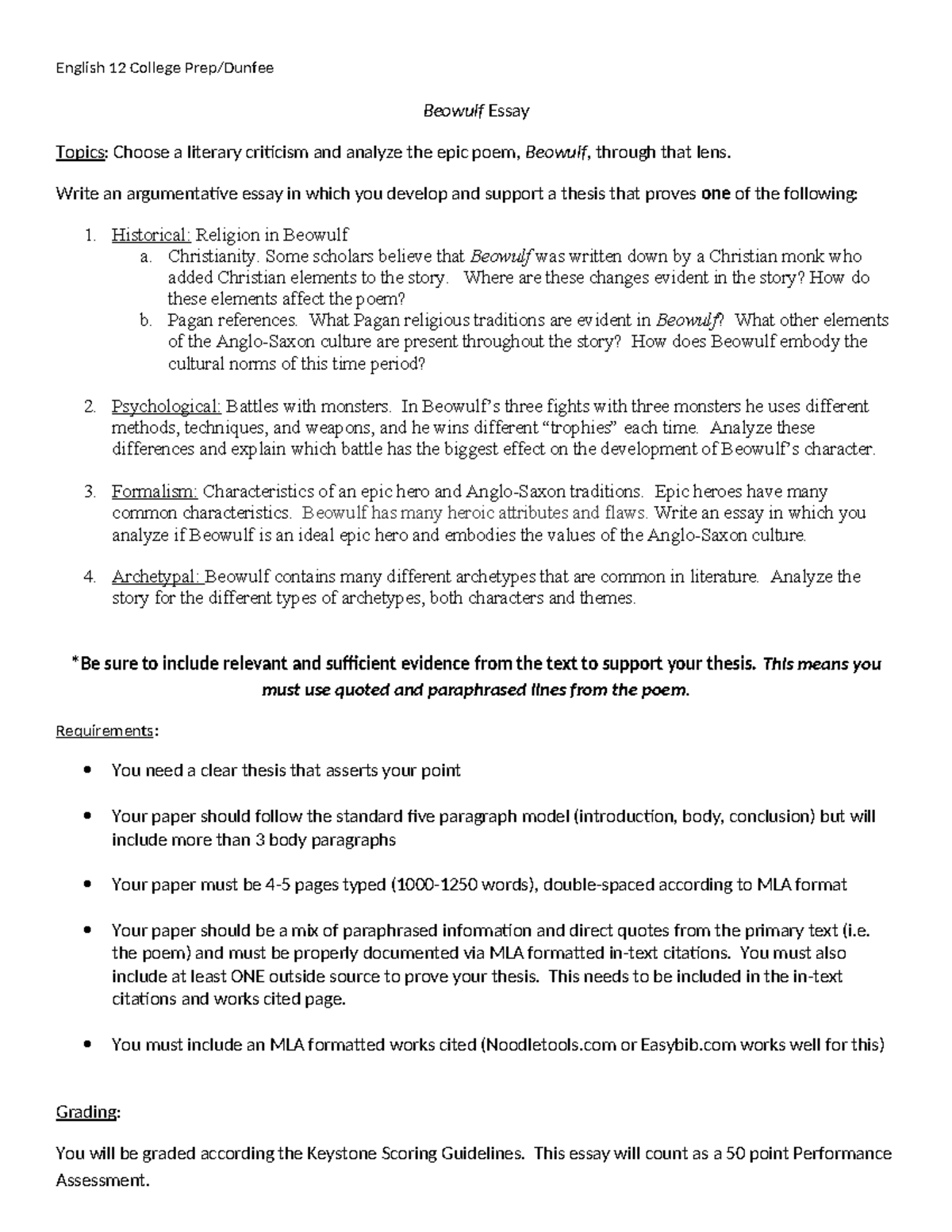 Beowulf Essay - Literary Criticism Analysis - English 12 CP - Studocu