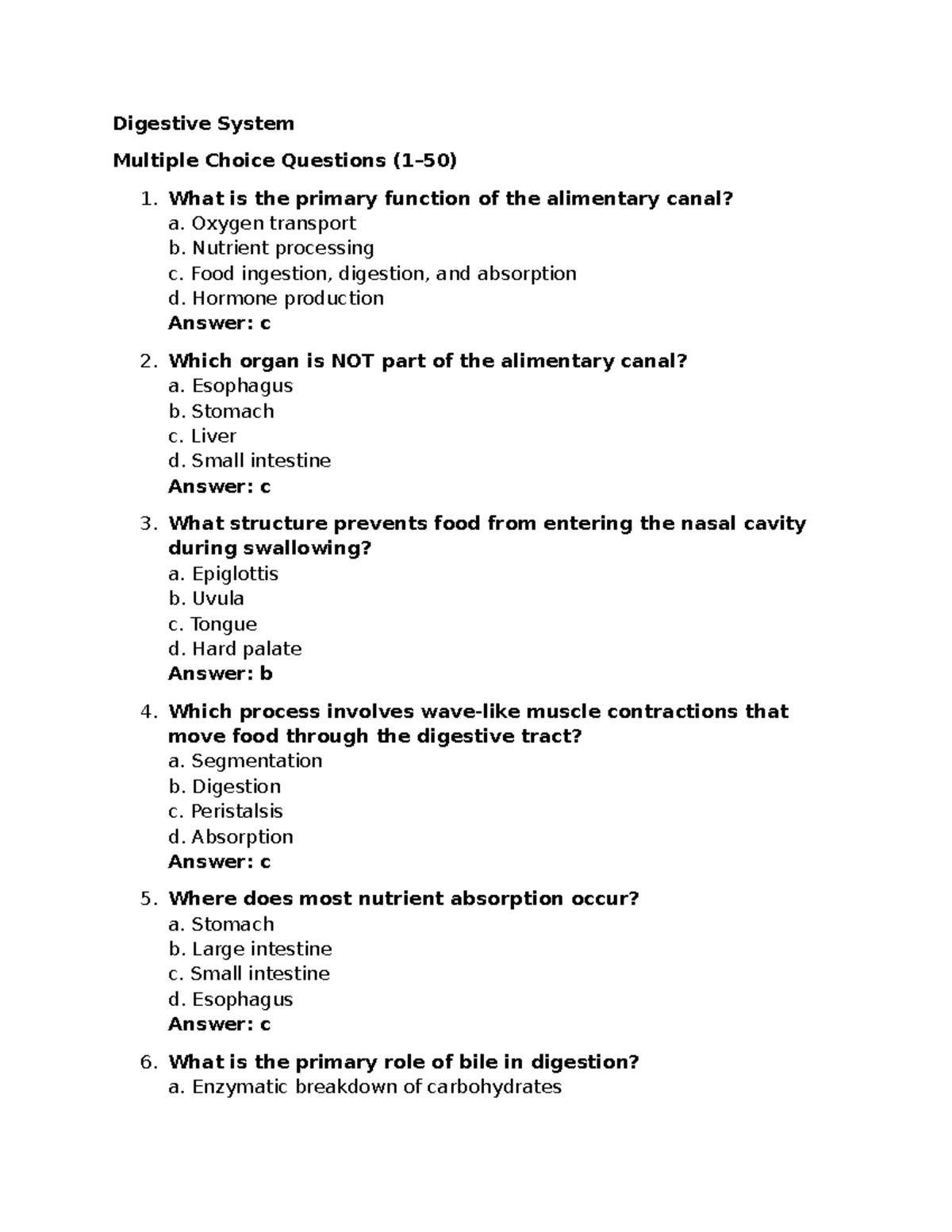 Digestive System - notes - Digestive System Multiple Choice Questions ...