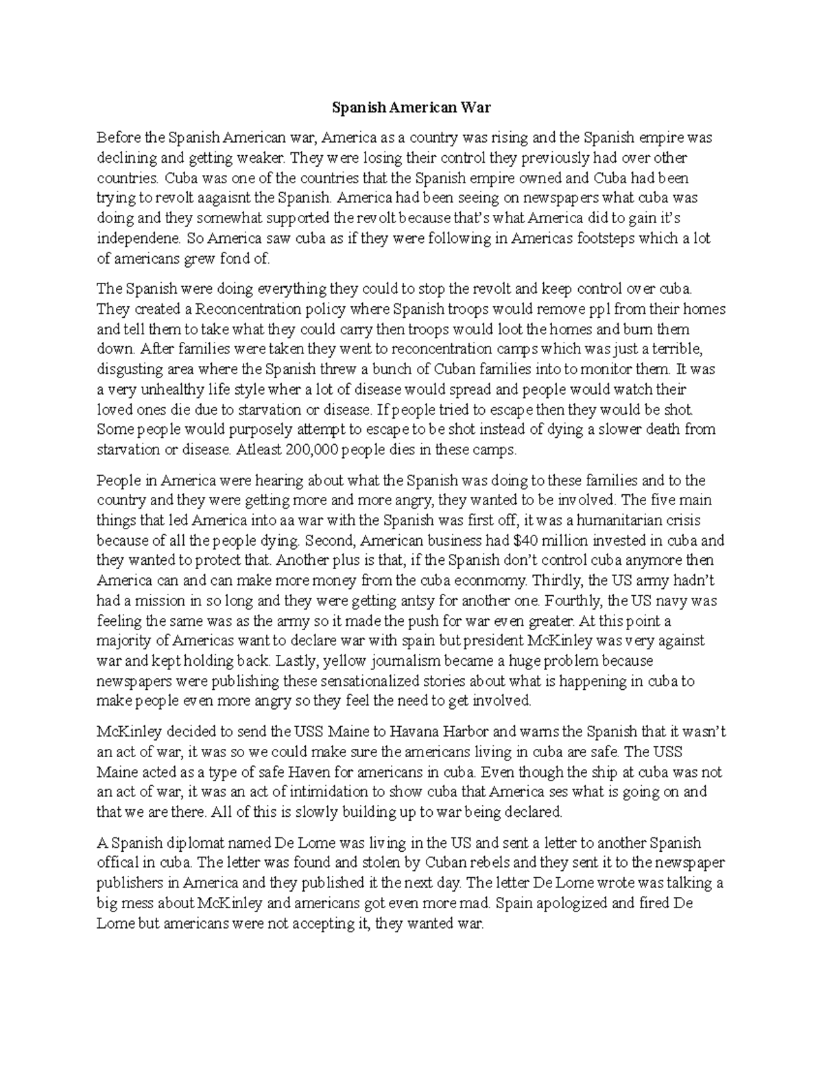 Spanish American War essay - Spanish American War Before the Spanish ...