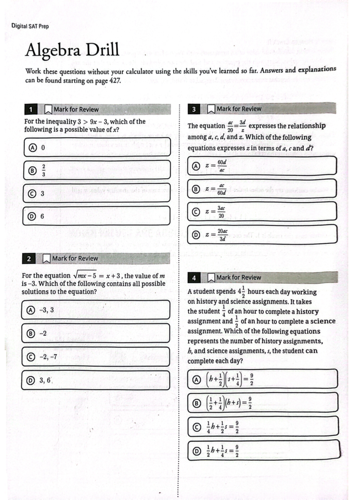Algebra Drill 1 - aaaaa - Digital SAT Prep Algebra Drill Work these ...