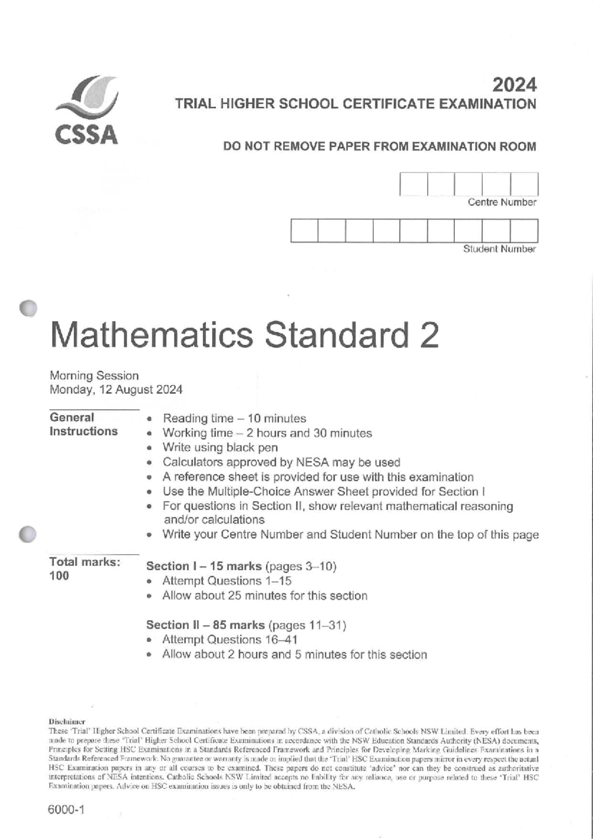 2004 CSSA Mathematics Standard 2 Practice Exam Paper - Studocu