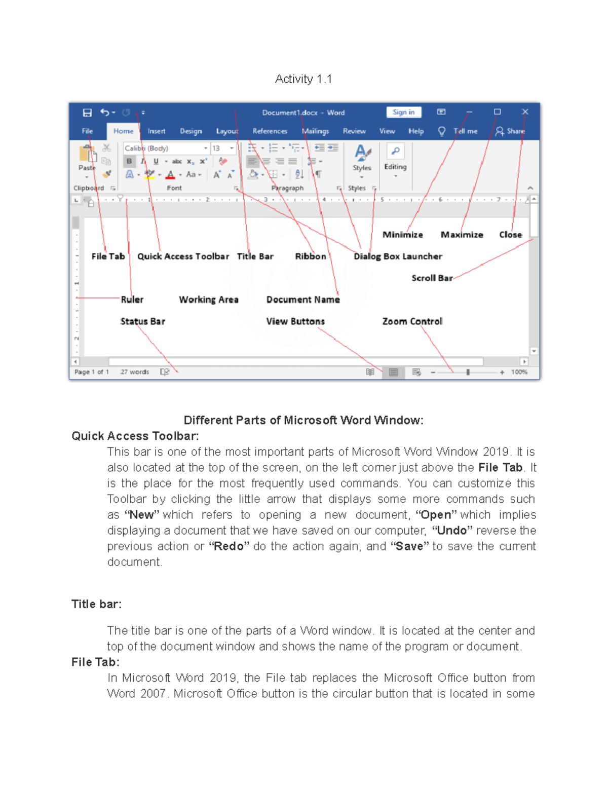 MS Word 2019 Overview: Essential Components & Features (Activity 1 ...