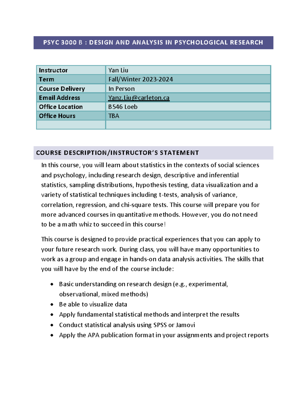 PSYC 3000 B: Outline for Design & Analysis in Psychological Research ...