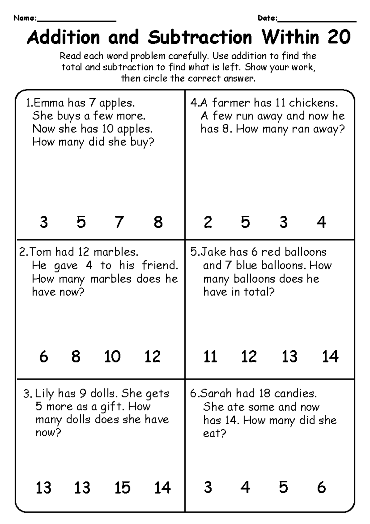 Addition and Subtraction Within 20 - 1st Grade Worksheet - Read each ...