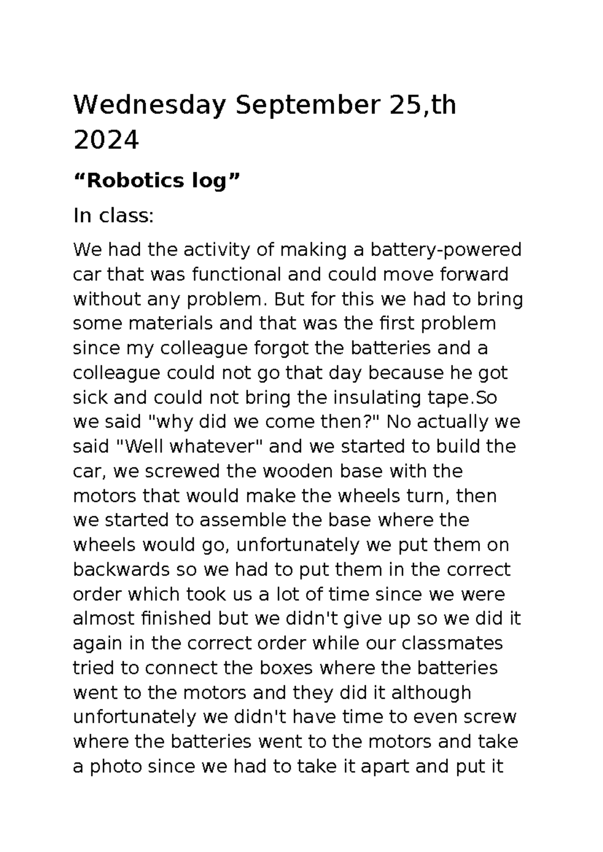 Robotic Log: In-Class Car Building Activity - Sept 25, 2024 - Studocu