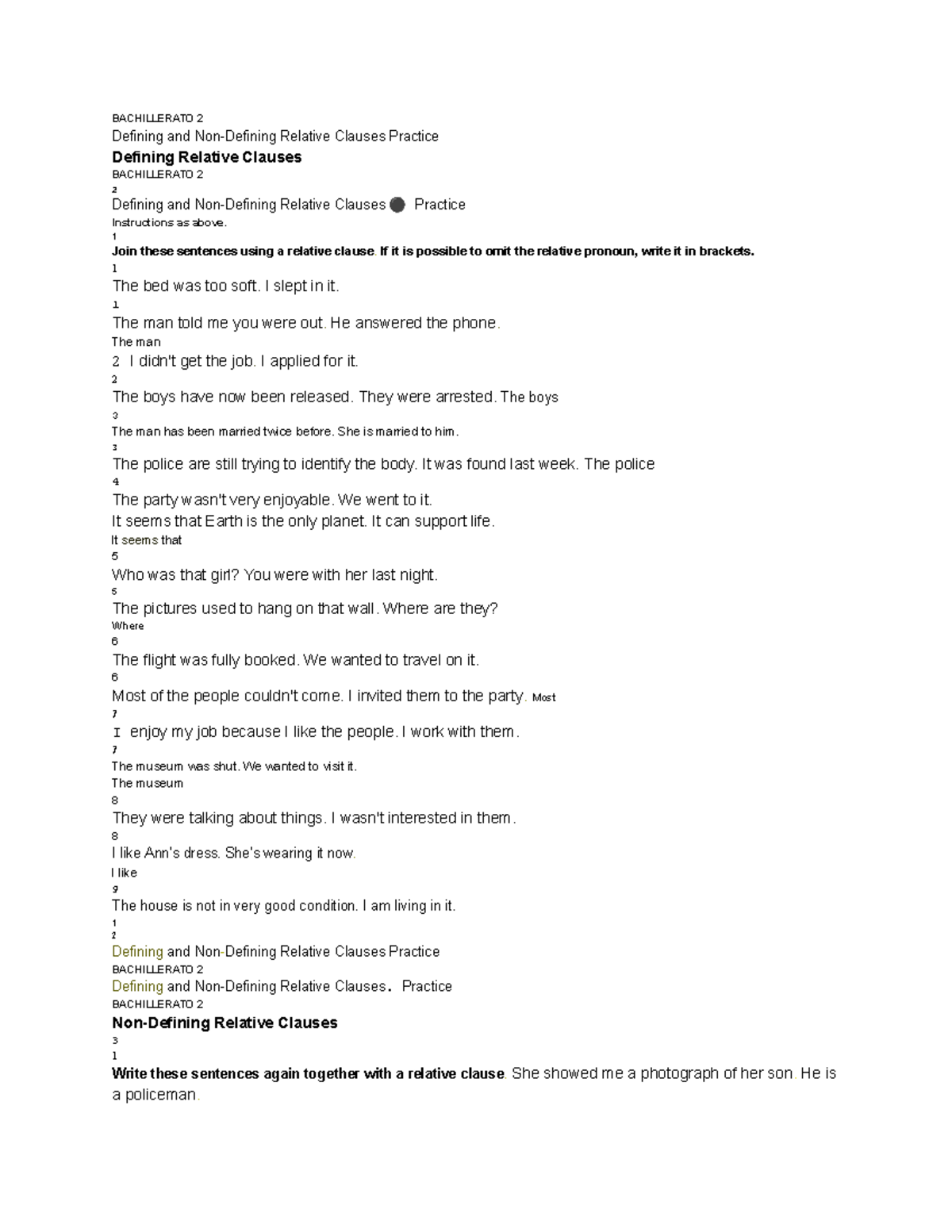 BACHILLERATO 2: Defining & Non-Defining Relative Clauses Practice - Studocu