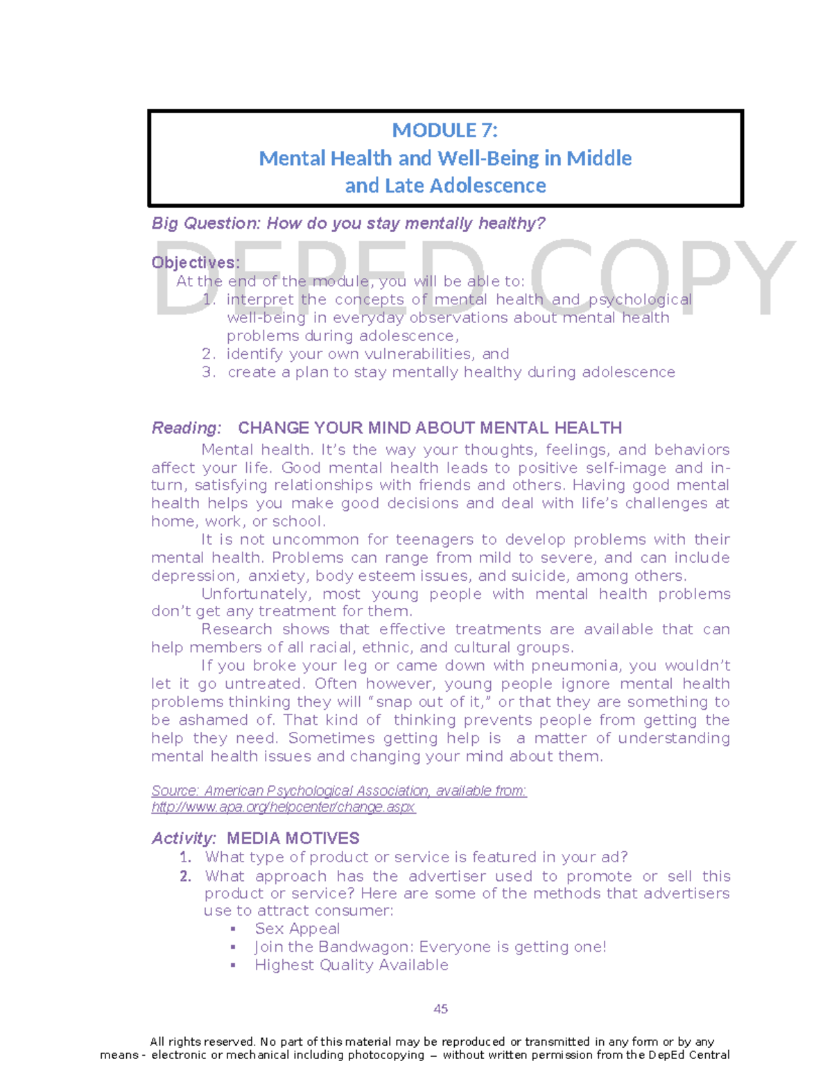 MODULE 7: Mental Health & Well-Being in Adolescence - Studocu