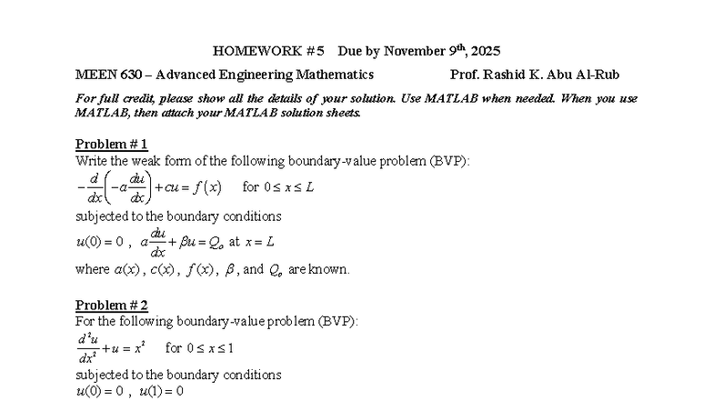 MEEN 630 Homework 5: Advanced Engineering Mathematics Solutions - Studocu