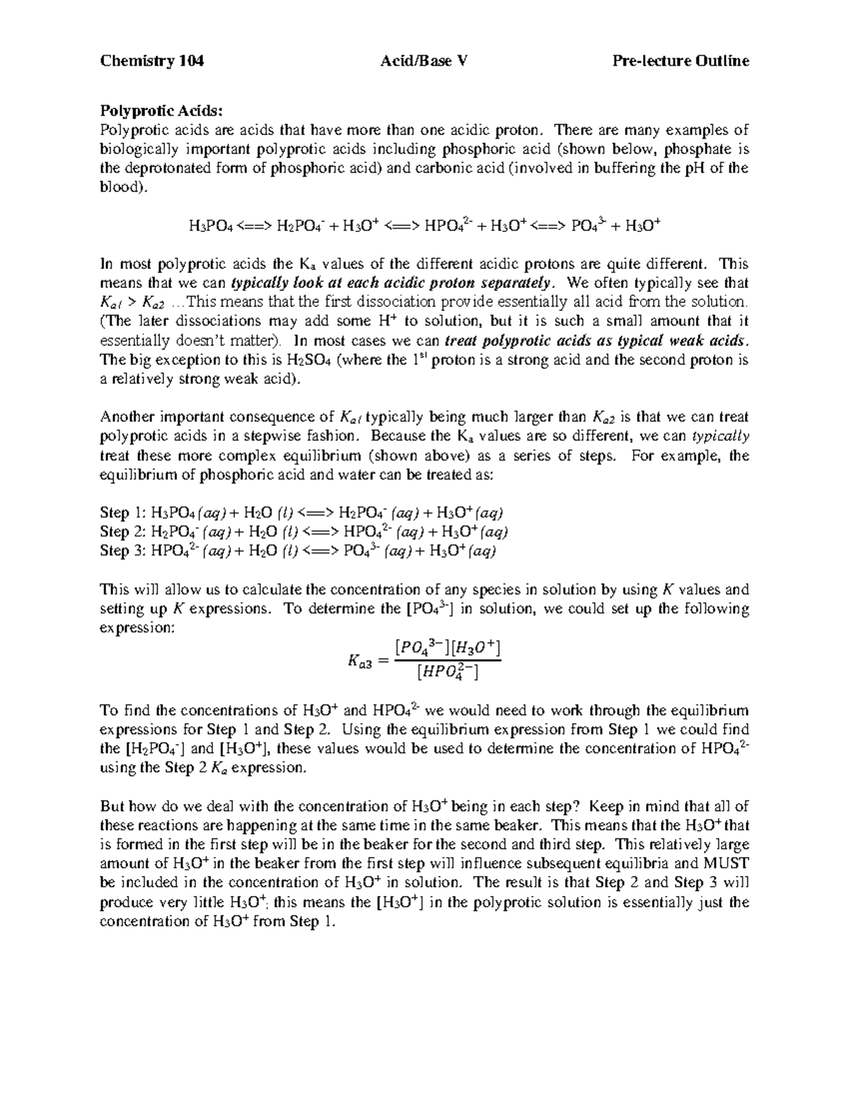 Chemistry 104 Prelecture Notes on Polyprotic Acids and Ka Values - Studocu