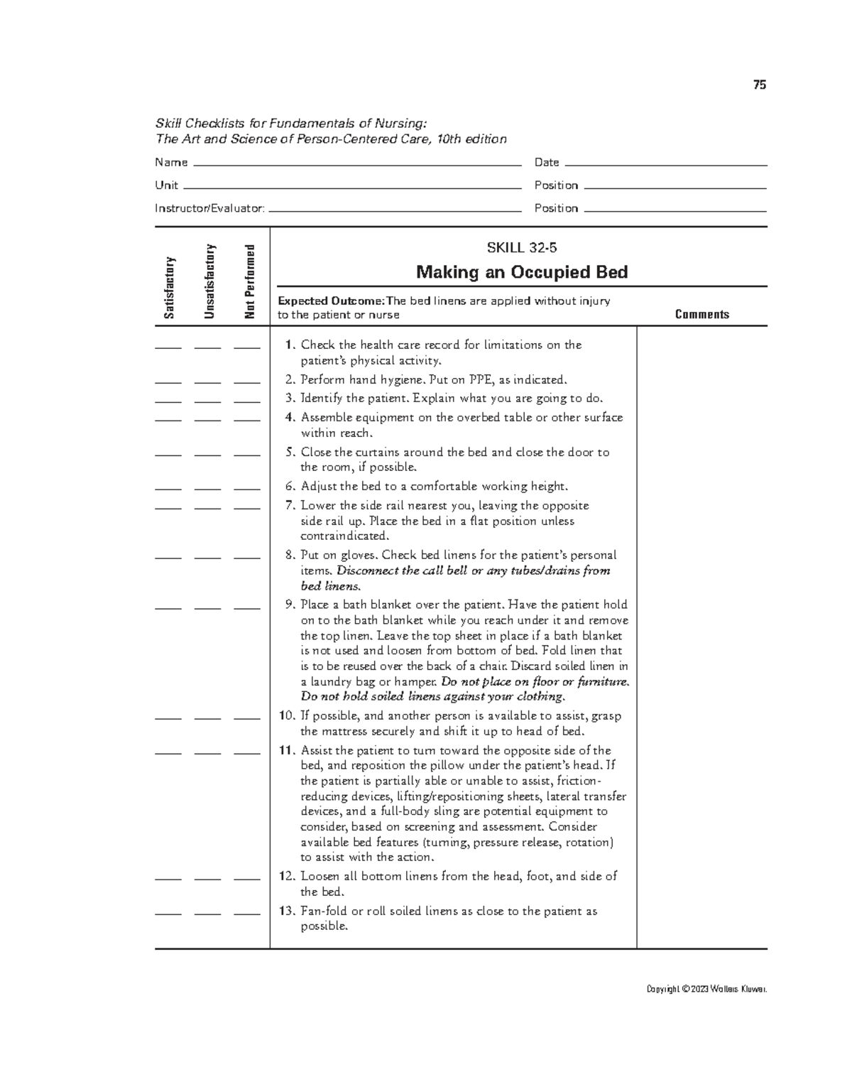 75 Skill Checklists for Nursing Fundamentals: Making an Occupied Bed ...