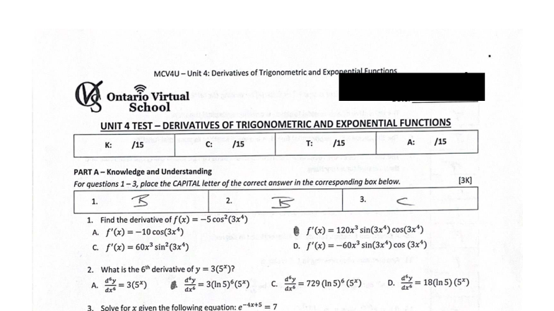 MCV4U - Unit 4 Test: Derivatives of Trigonometric & Exponential ...