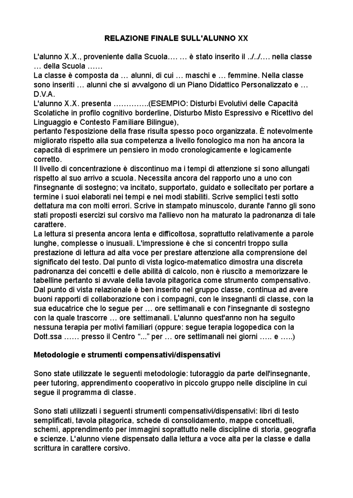 Relazione Finale su Alunno con BES - Esempio di Documentazione - Studocu