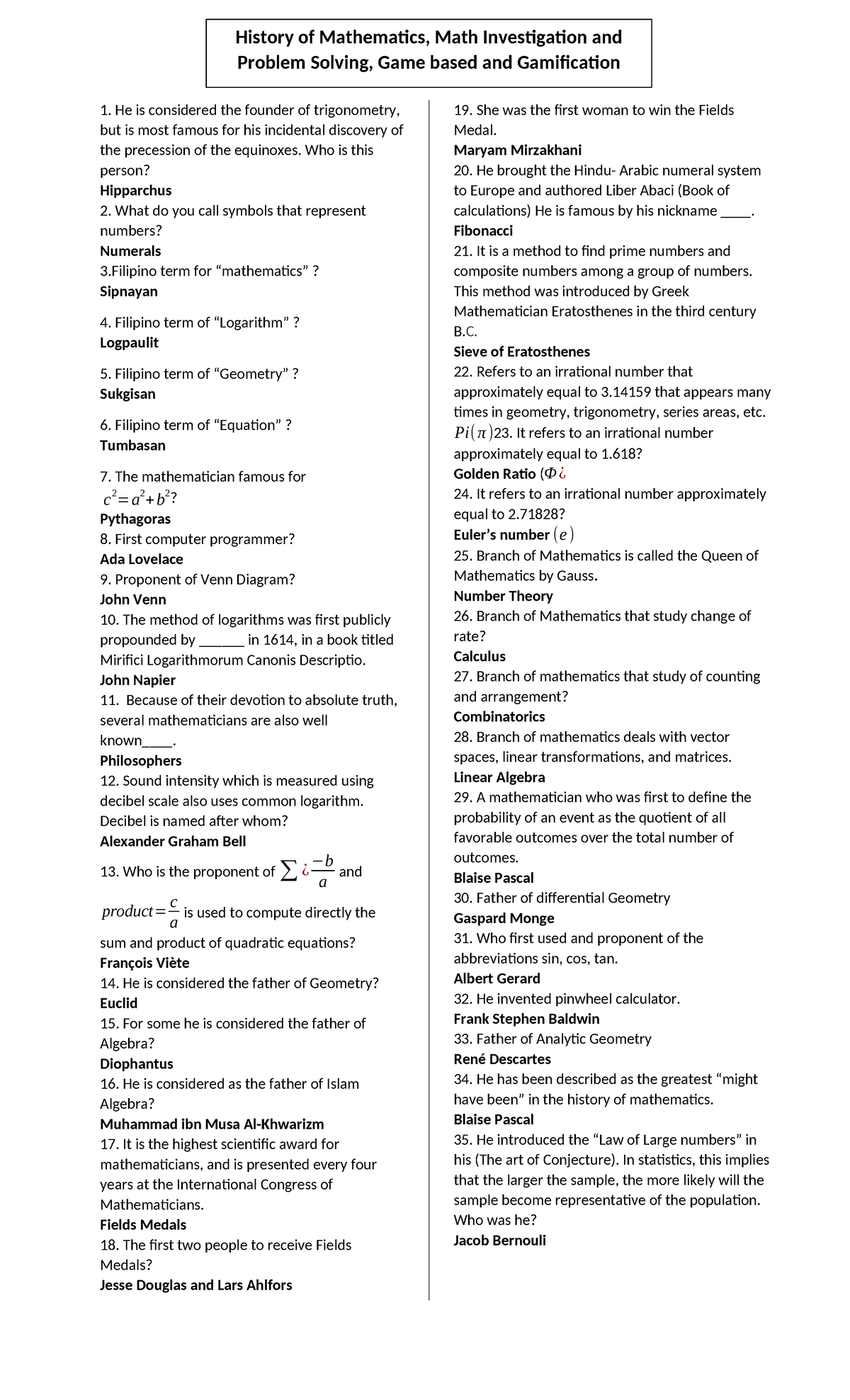 History of Mathematics: Key Concepts & Investigative Approaches - Studocu