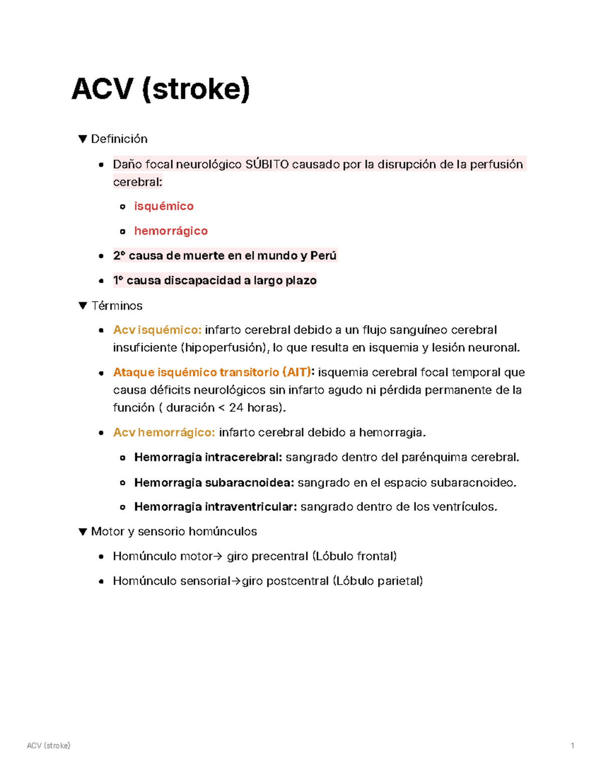 Resumen del ACV (stroke): Definición, Etiología y Síntomas - Studocu