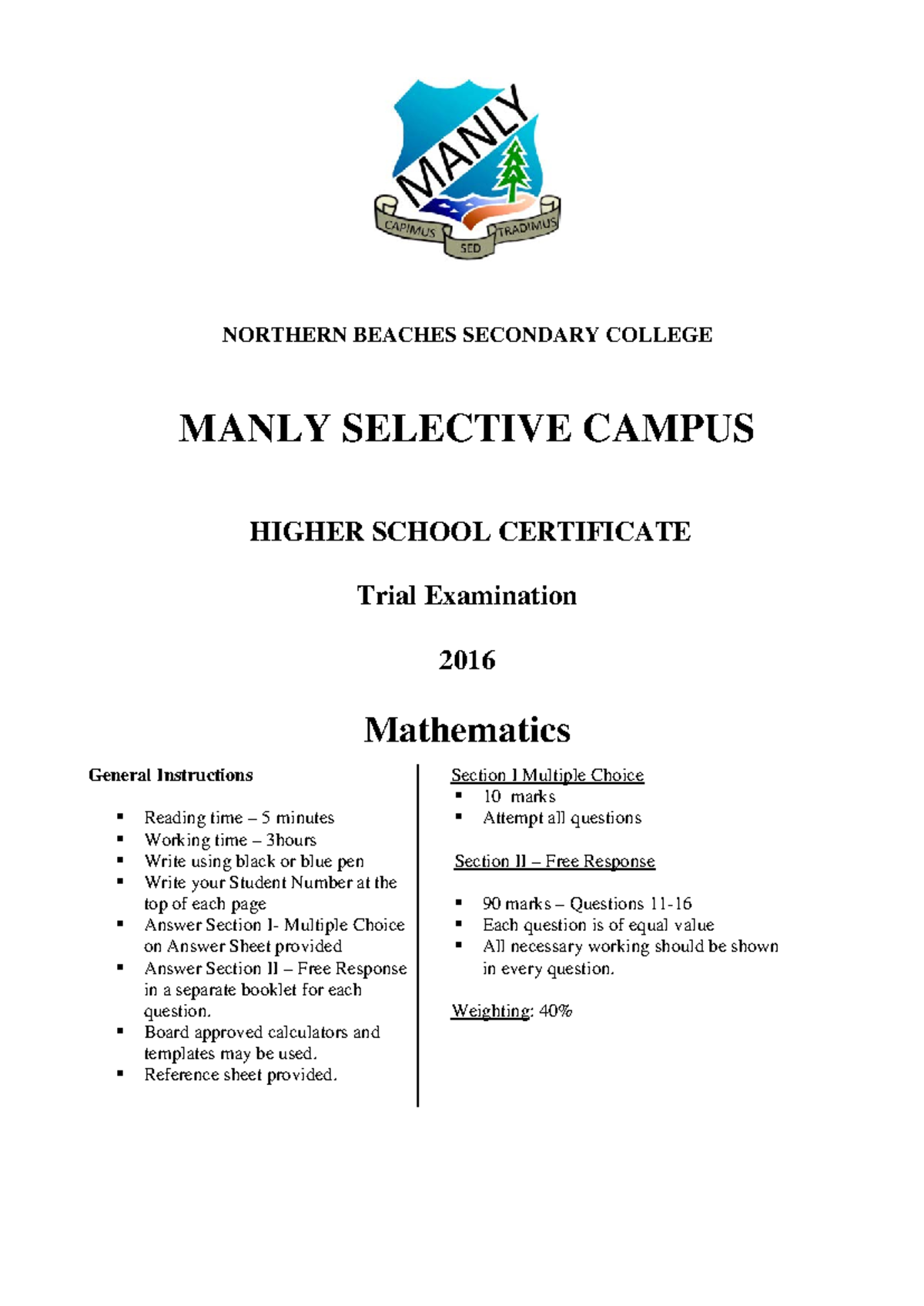 Manly 2016 2U Trials & Solutions - NORTHERN BEACHES SECONDARY COLLEGE ...