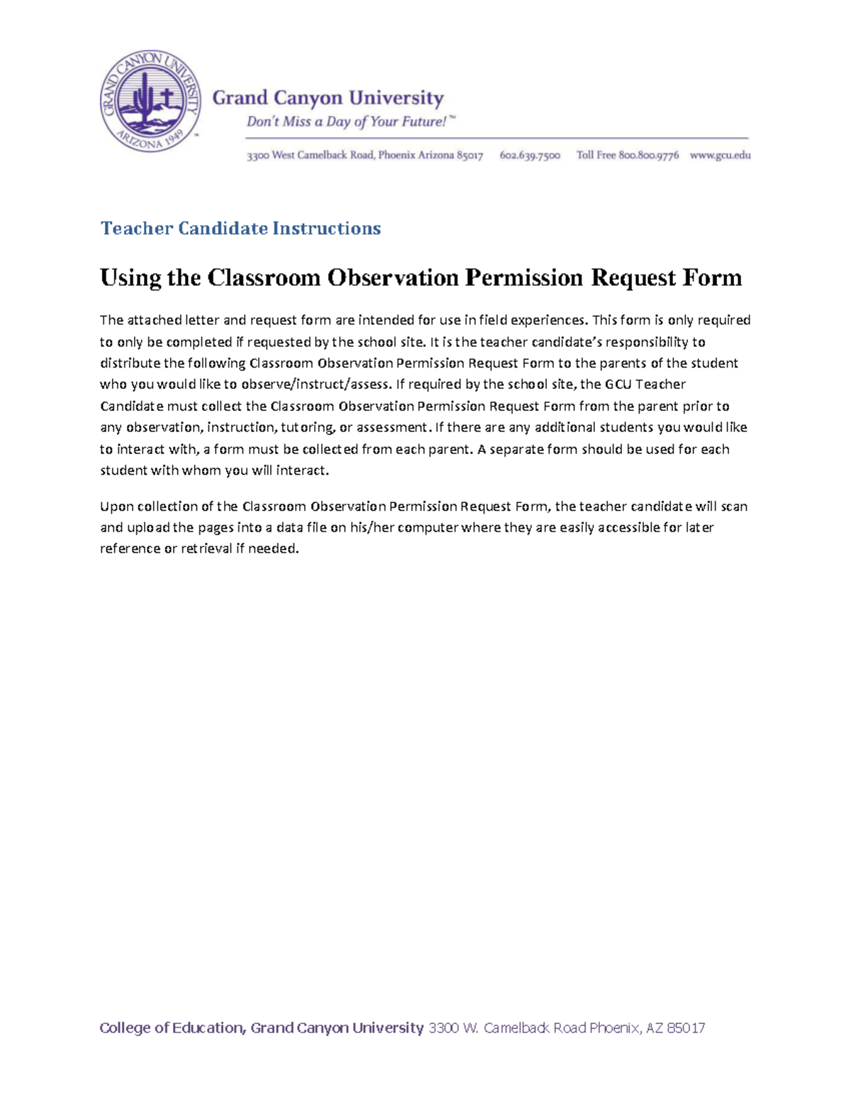 Classroom Observation Permission Request Form - GCU Education Program ...