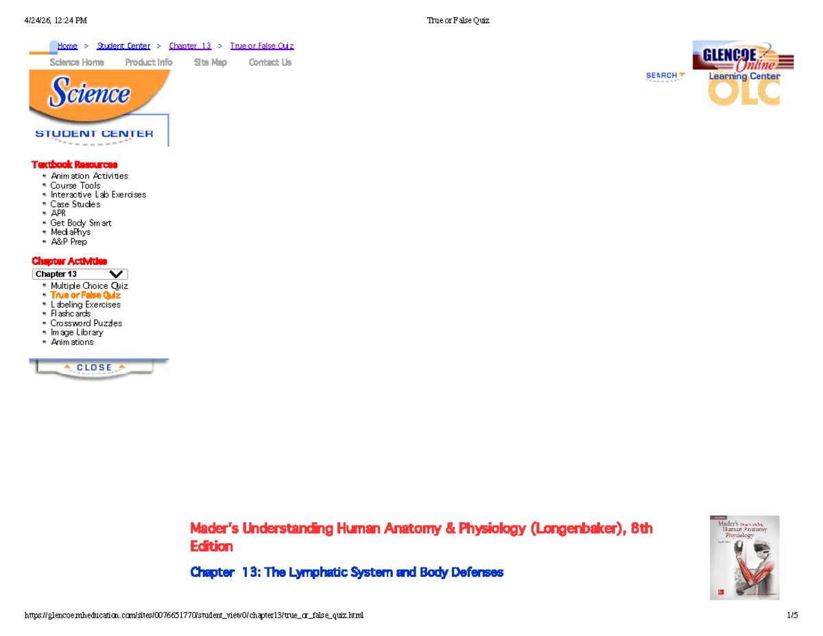 BIO 101: Chapter 13 Lymphatic System True or False Quiz Practice - Studocu