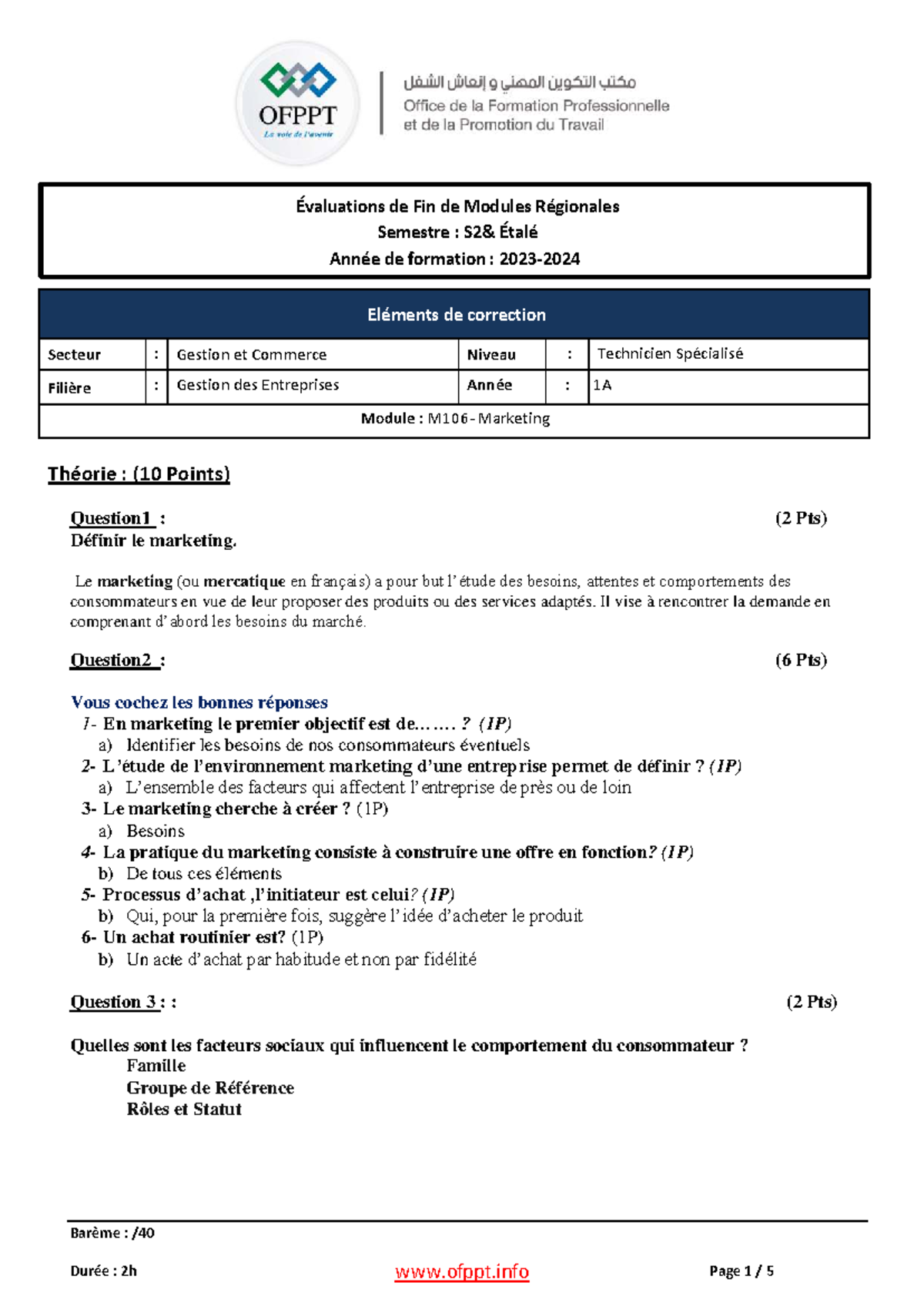 Éléments de correction pour le module M106 de marketing - 1A - Studocu
