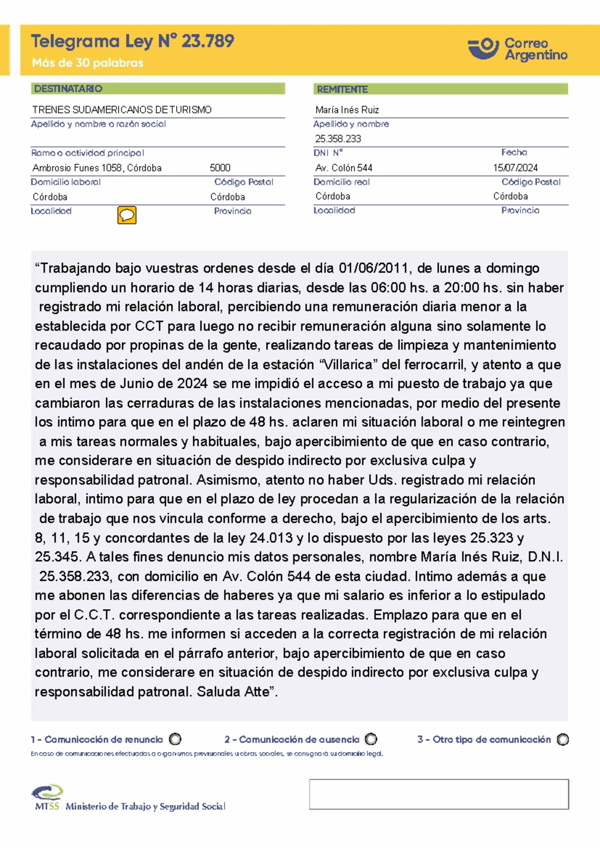 Modelo de Telegrama Laboral - Ley N º 23.789 - María Inés Ruiz - Studocu