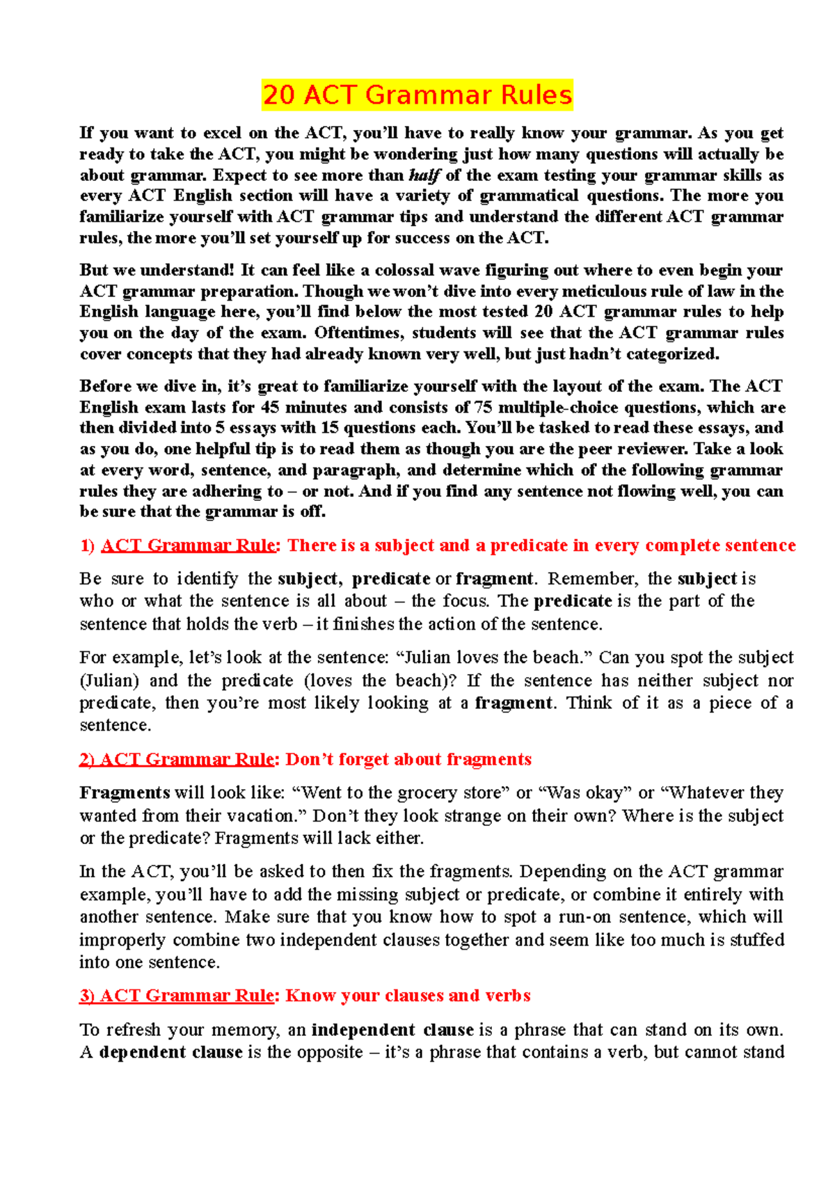20 ACT Grammar Rules you must know - 20 ACT Grammar Rules If you want to excel on the ACT, you ...