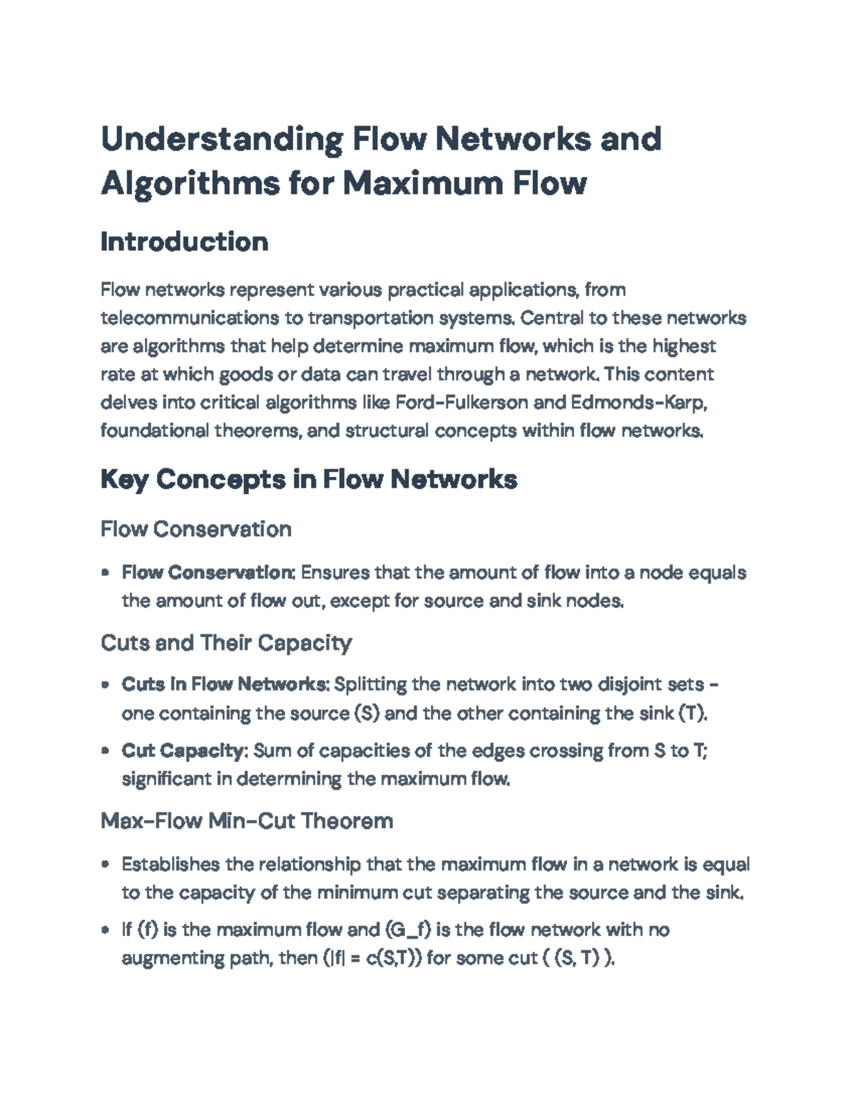 Flow Networks and Max Flow Algorithms: A Comprehensive Study - Studocu