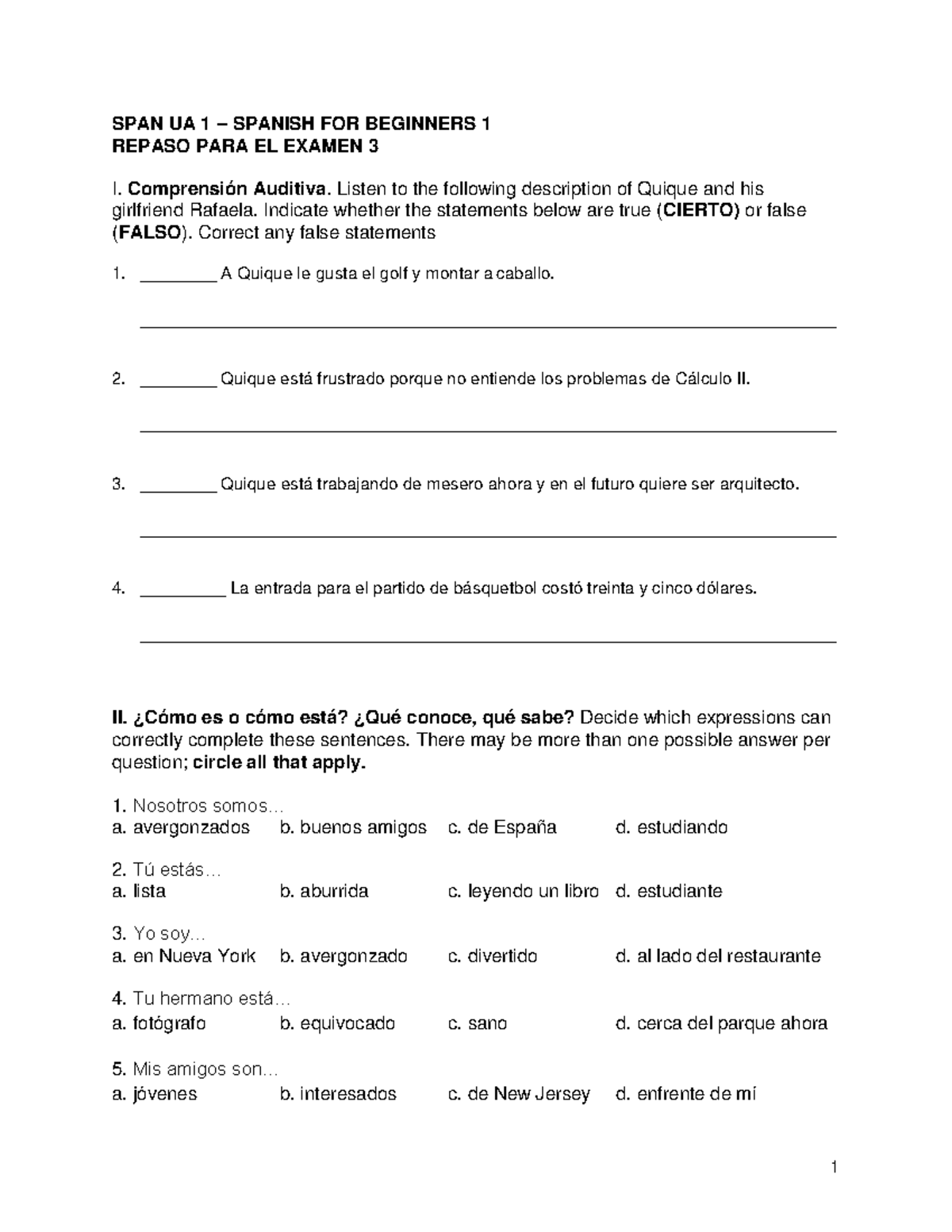 Repaso para el Examen 3 - SPAN UA 1: Comprensión Auditiva y Más - Studocu